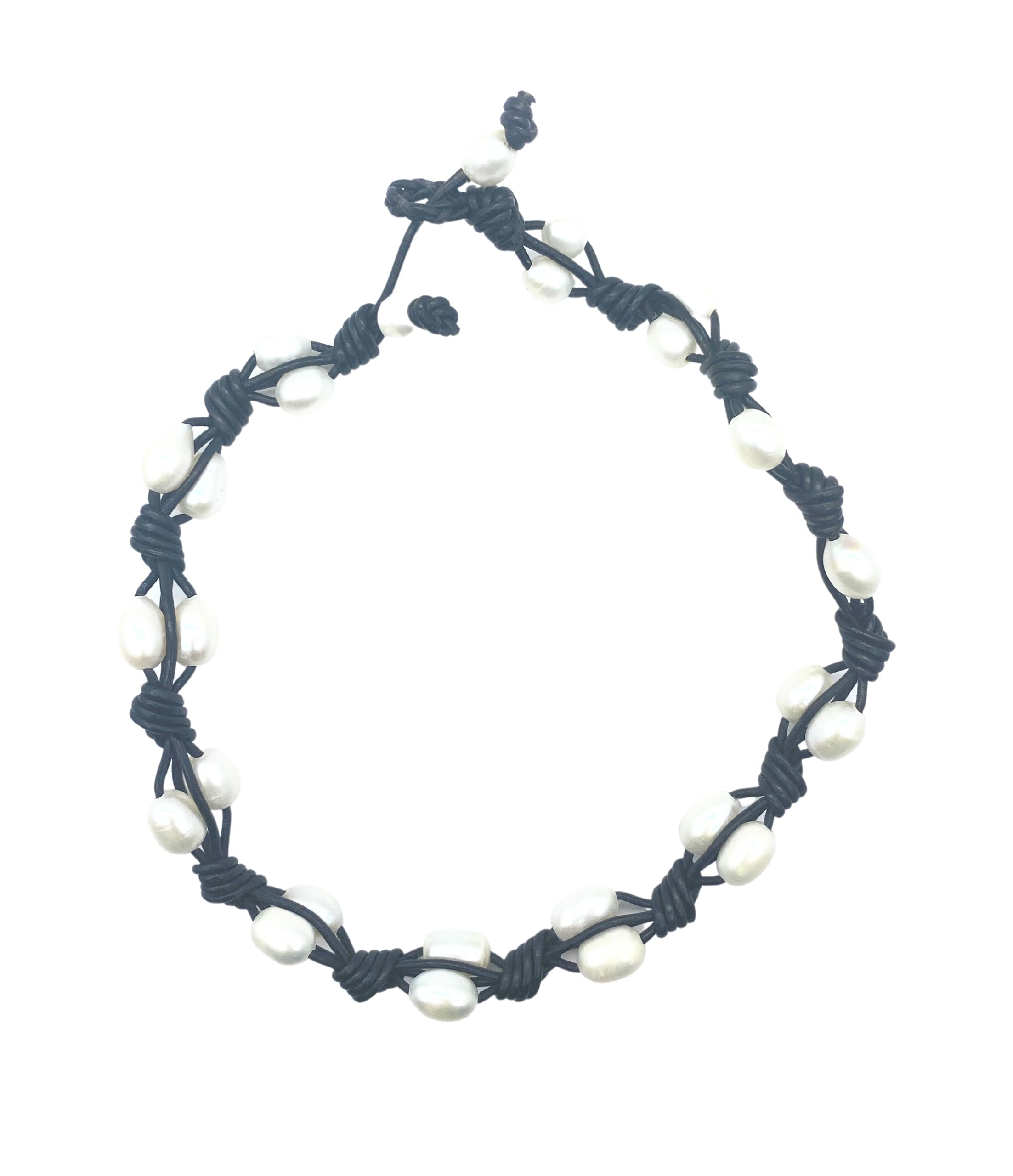 White Pearl on Black Leather Cord Necklace, Bracelet, Earring Set