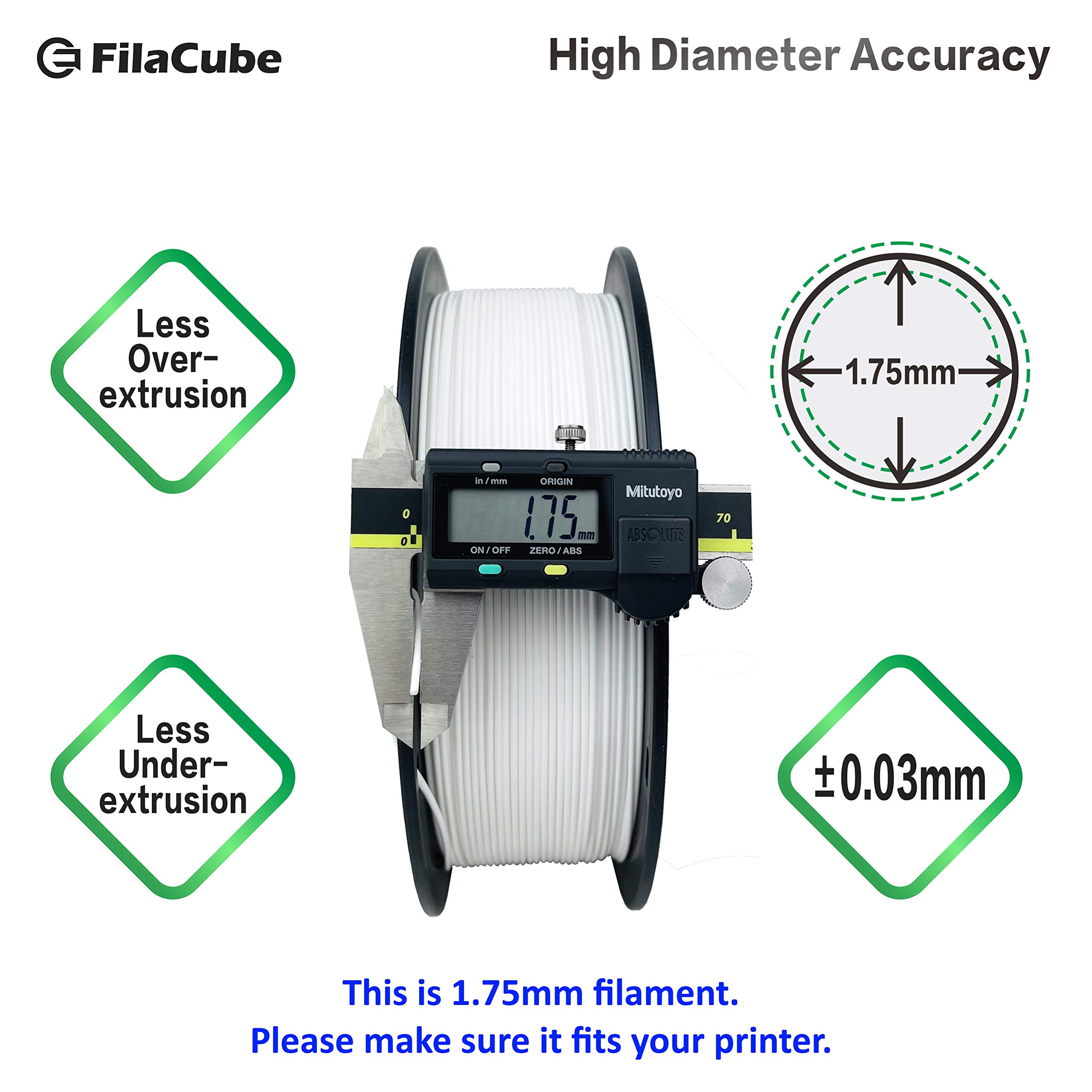White PLA 1.75 filament - FilaCube PLA 2 pure white filament 1 kg 1.75mm 3D Printer filament [Made in USA] real PLA white PLA+ pro compatible FDM printer ender creality monoprice prusa anet makerbot