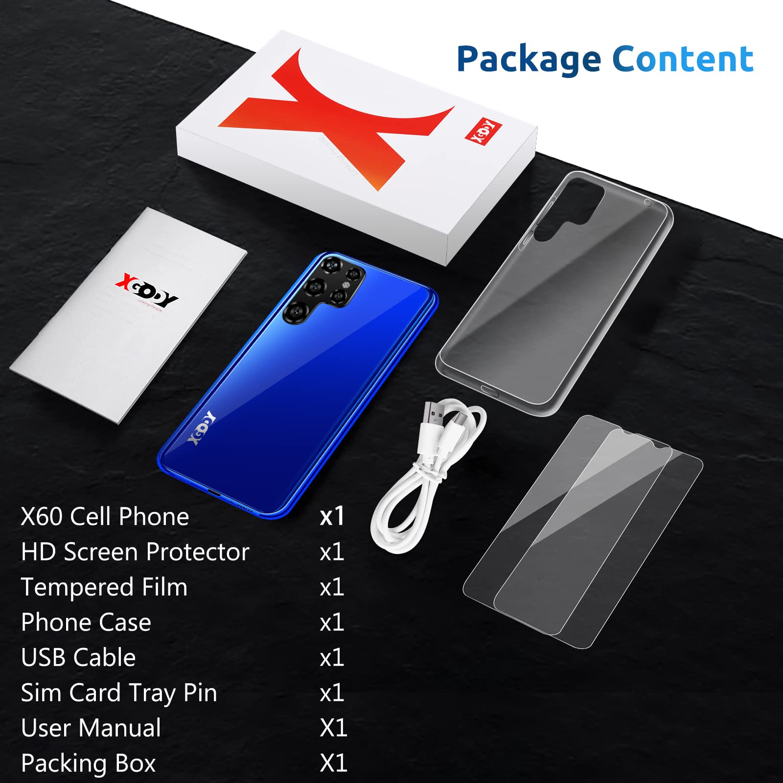Xgody X60 4G LTE Android Cell Phone Unlocked, 6ββ QHD Waterdrop Screen, 2GB RAM+16GB ROM, Dual Sim Slots Smartphone, 5MP+5MP Camera, Facial Unlock, 3000mAh Mobile Phones (Blue)