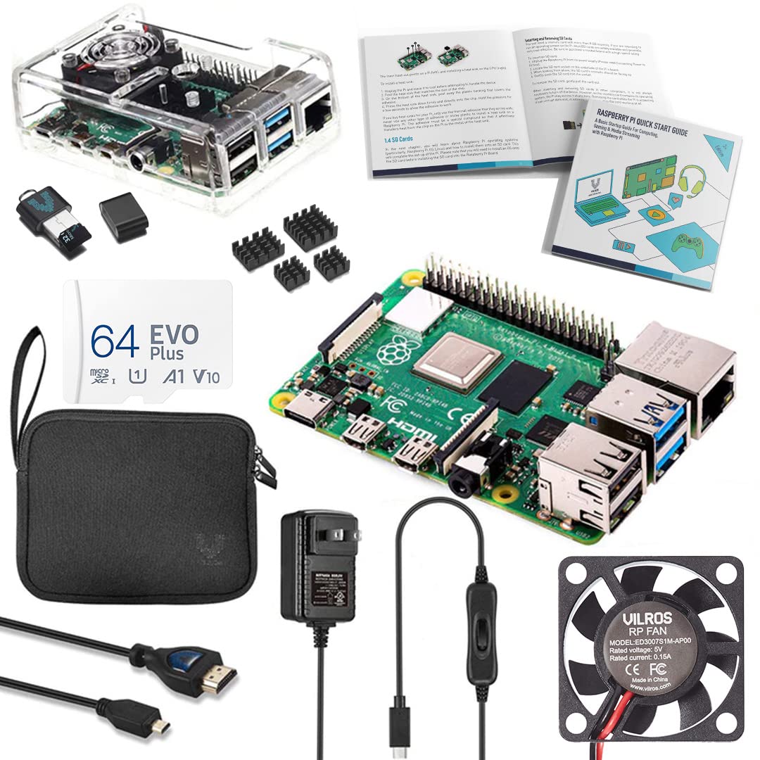 Vilros Raspberry Pi 4 Complete Starter Kit- Includes Raspberry Pi 4 Board, Fan Cooled Case, 64GB Preloaded Micro SD Card and More (8GB, Black Case)