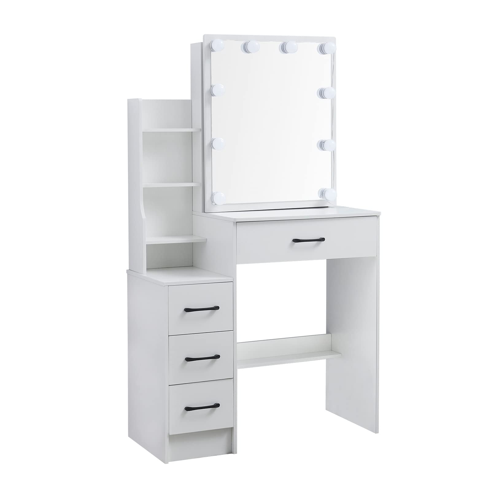 White Vanity Desk Set with Lighted Mirror, Makeup Vanity Table with 4 Drawers, Storage Stool for Bedroom, Bathroom