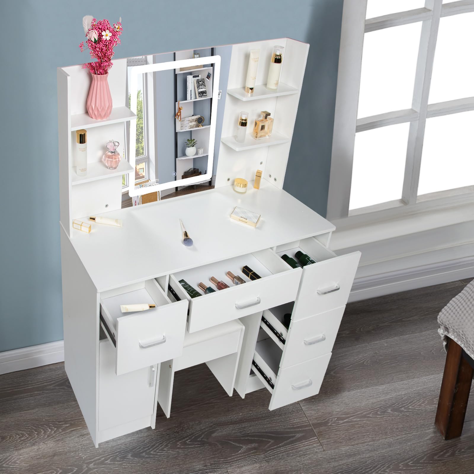 White Vanity Desk with Mirror and Lights, Makeup Vanity with Lights and Drawers, Modern Vanity Set with Stool & Storage Shelves, Dressing Table Bedroom Furniture, White