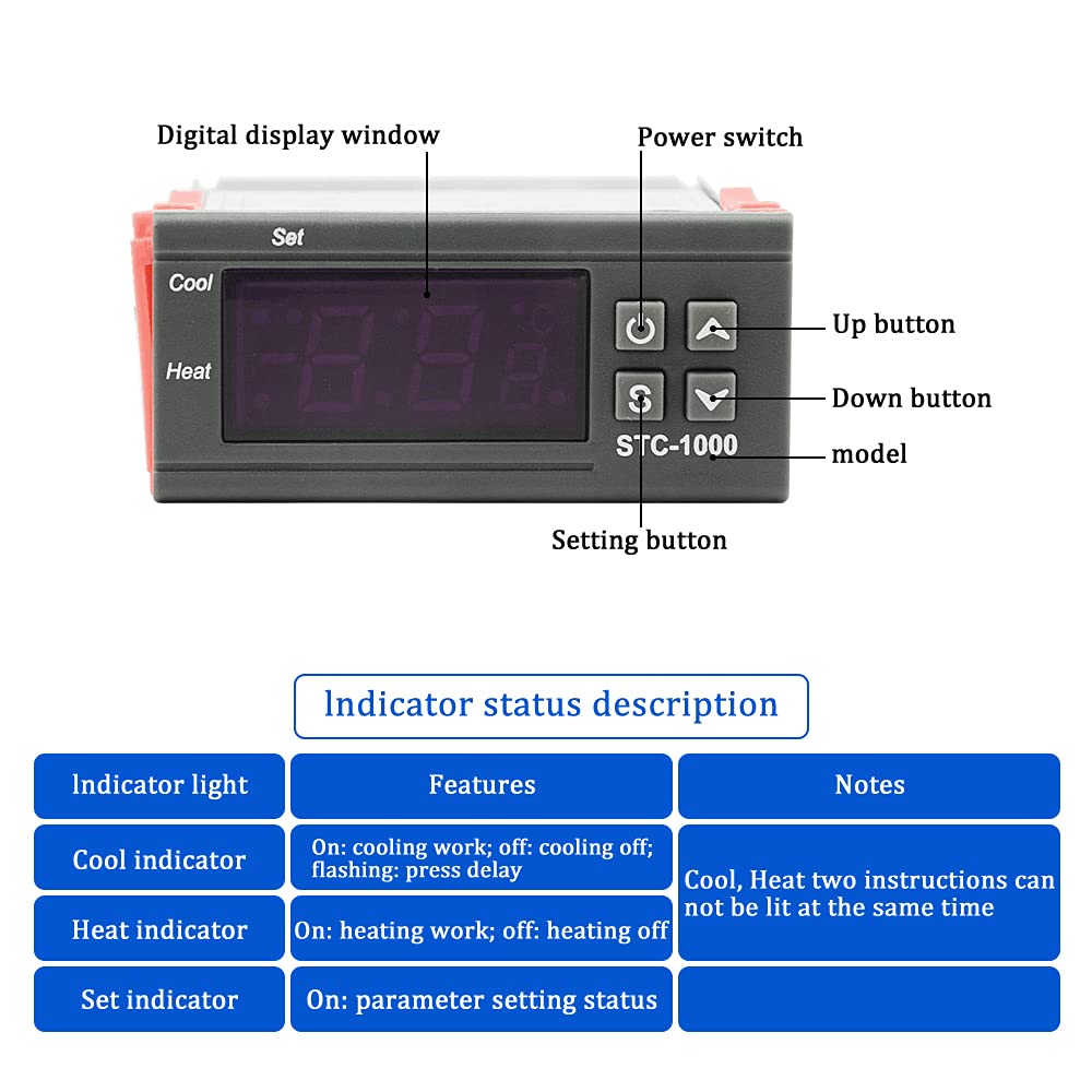 XINGYHENG STC-1000 DC 12V 10A Microcomputer Digital Display Temperature Controller Thermostat Control Switch 2 Relay Output and NTC 10K Thermistor Sensors Digital Temperature Probe (12V)
