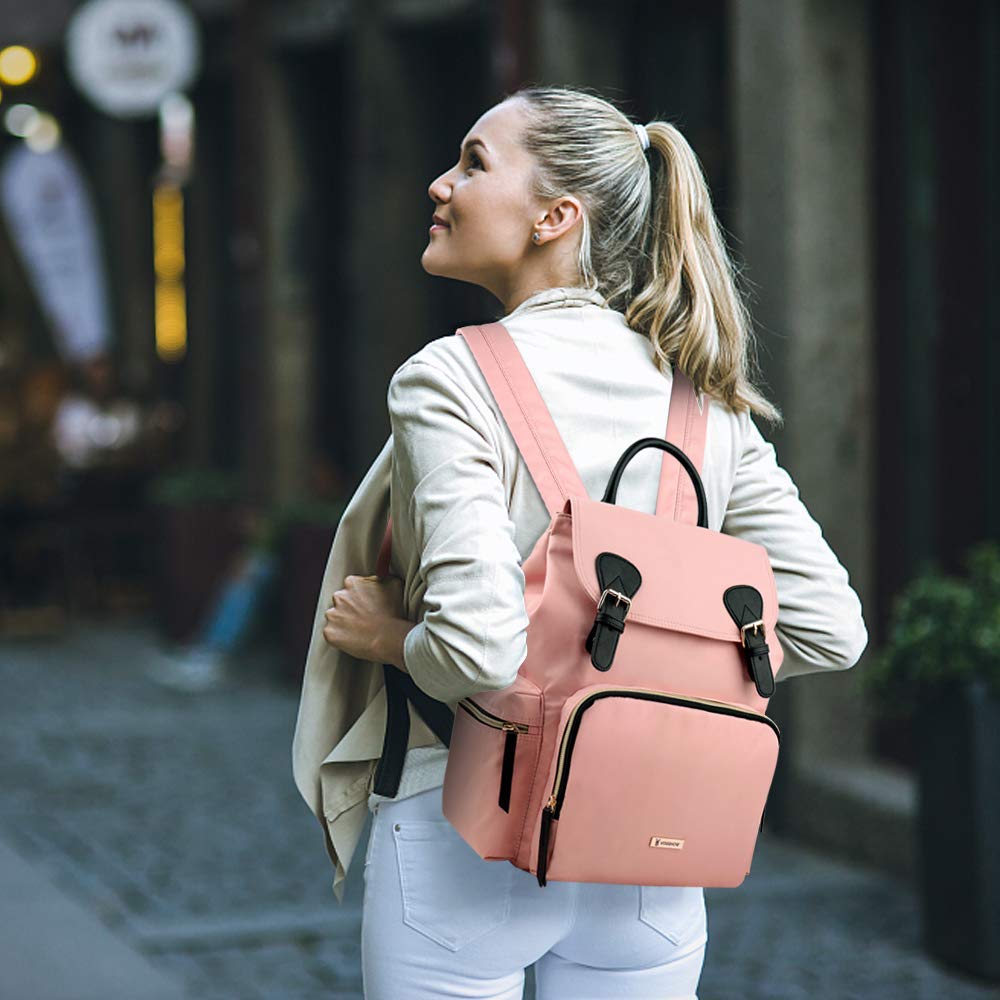 Vogshow Waterproof Diaper Bag, Multifunction Stylish Travel Backpack with 2 Stroller Hooks, Pink