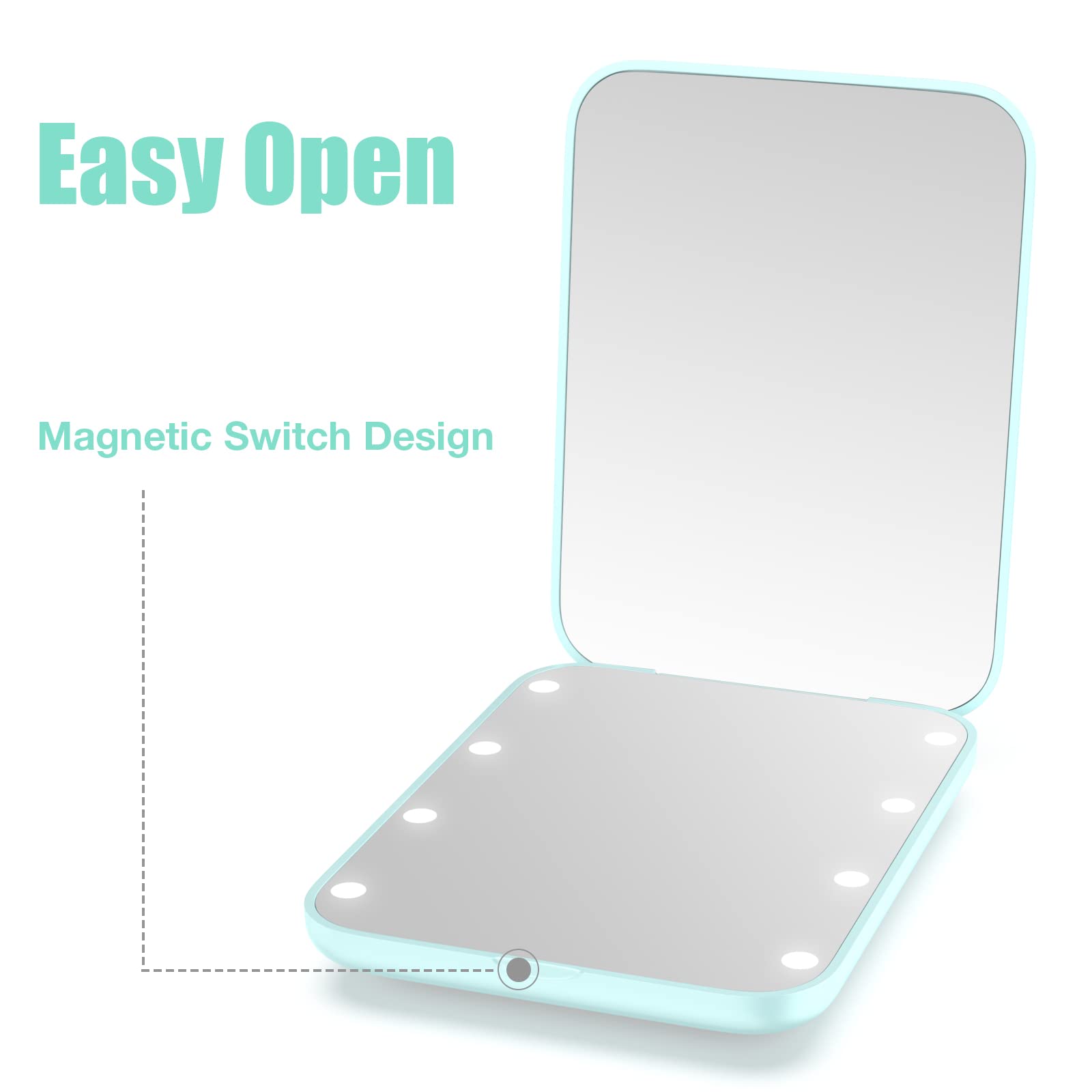wobsion Compact Mirror, Magnifying Mirror with Light, 1x/3x Handheld 2-Sided Magnetic Switch Fold Mirror,Small Travel Makeup Mirror,Pocket Mirror for Handbag,Purse,Gifts for Girls(Cyan)