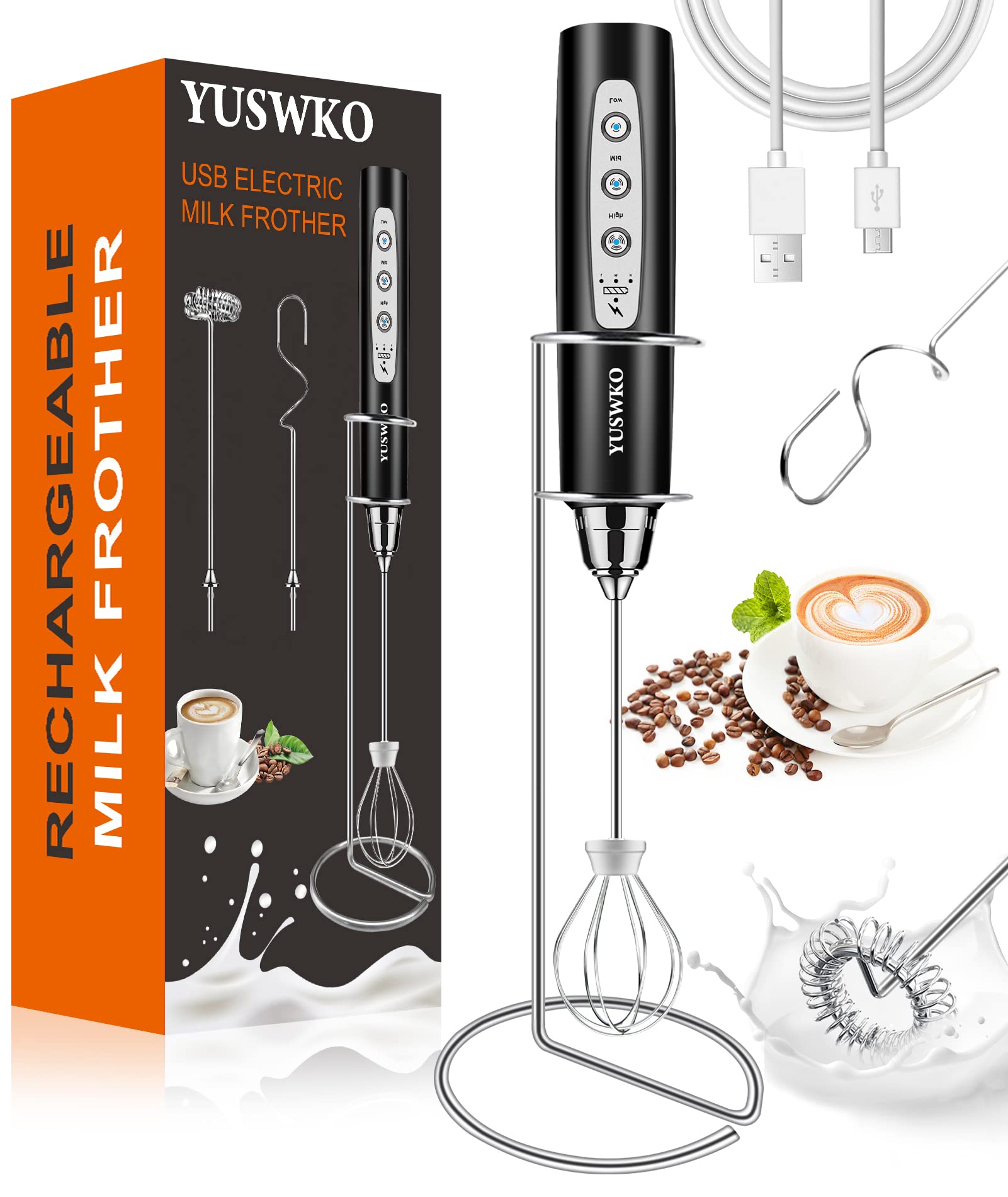 YUSWKO Rechargeable Milk Frother for Coffee with Stand, Handheld Drink Mixer with 3 Heads 3 Speeds Electric Stirrers for Latte, Cappuccino, Hot Chocolate, Egg - Black