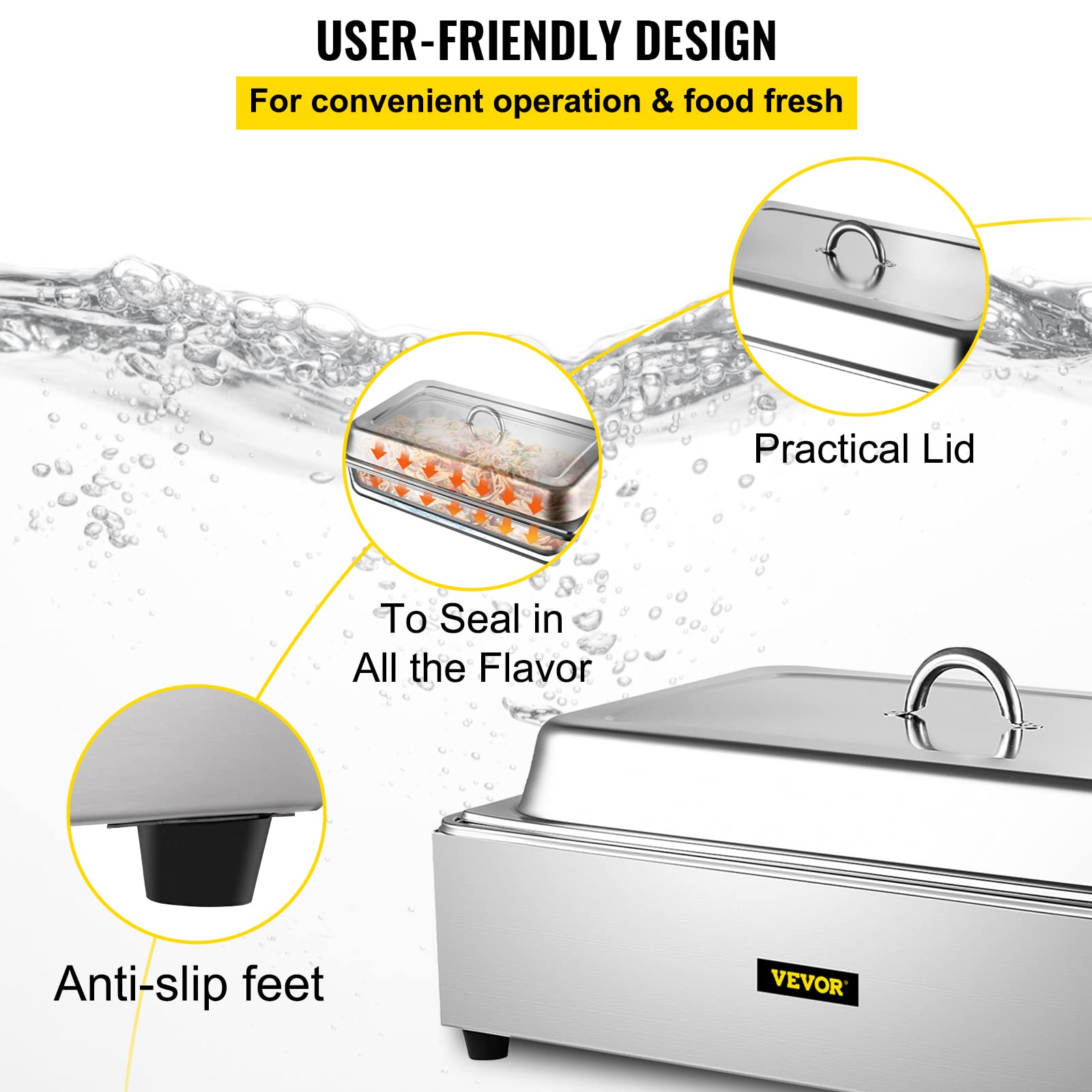 VEVOR 110V 6-Pan Commercial Food Warmer, 1200W Electric Steam Table 15cm/6inch Deep, Stainless Steel Buffet Bain Marie 32 Quart for Restaurants