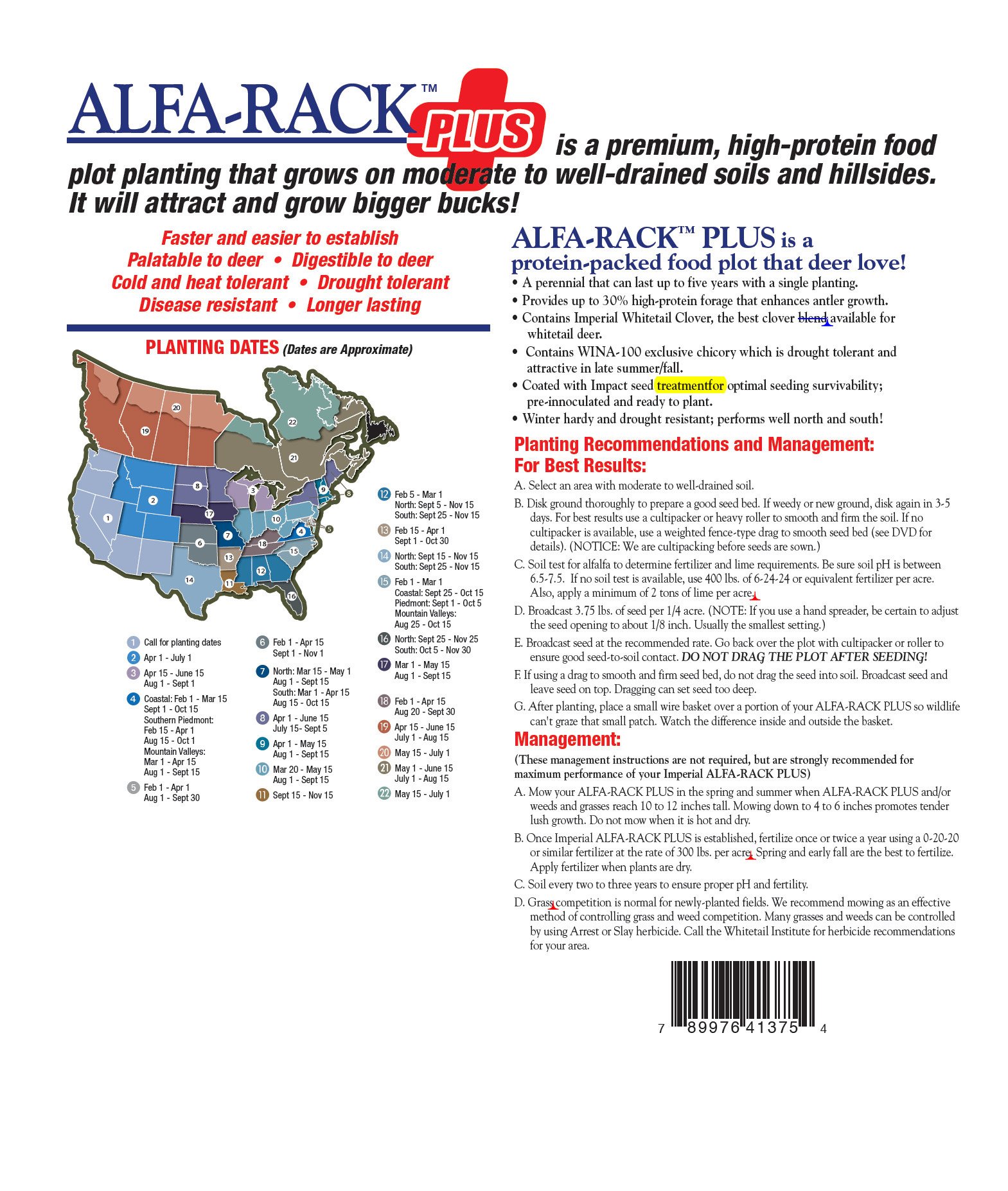 Whitetail Institute Alfa-Rack Plus Deer Food Plot Seed, Perennial Blend of Deep-Root Forages That Thrive on Hilltops and Hillsides, Highly Nutritious and Attractive to Deer, 16.5 lbs (1.25 acres)