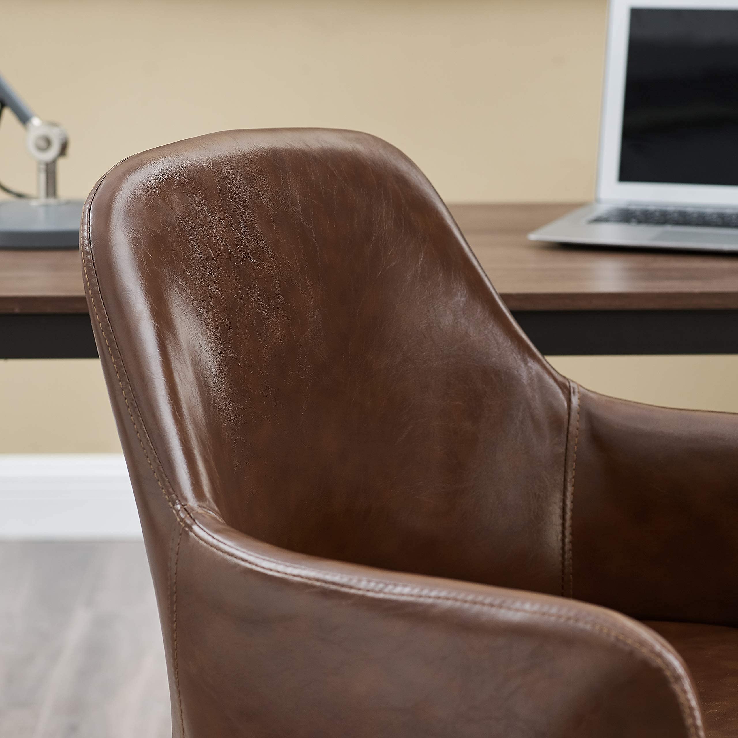Volans Mid Back Faux Leather Swivel Office Chair with Wheels, Modern Open Backrest Height Adjustable Computer Desk Chair, Cognac