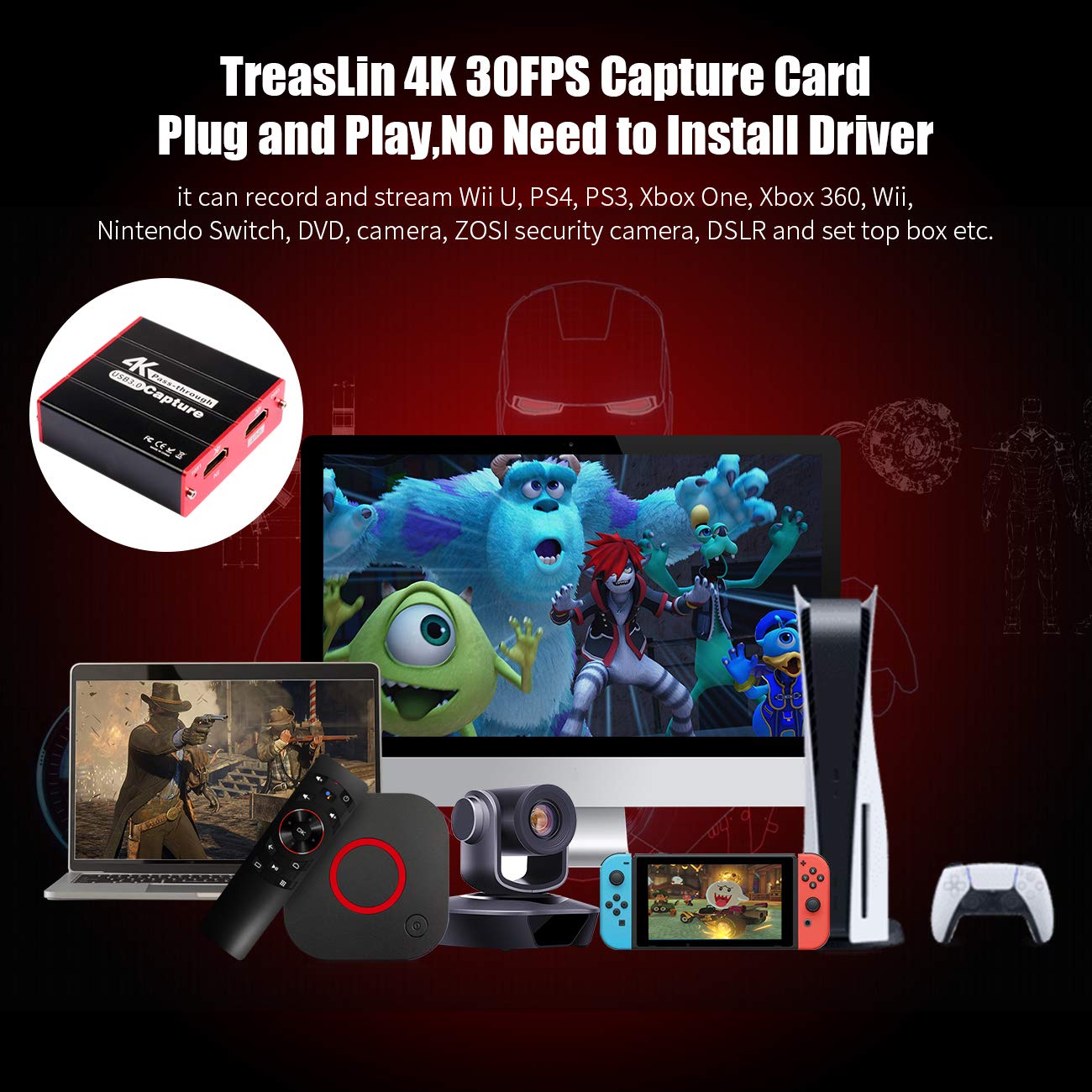 TreasLin Screen Capture Recorder, No PC Required 1080P HDMI Recorder,One-Click Recording, Screen Recorder Compatible with TV Box Xbox One PS4 Wii U Switch School lectures,No PC Required…