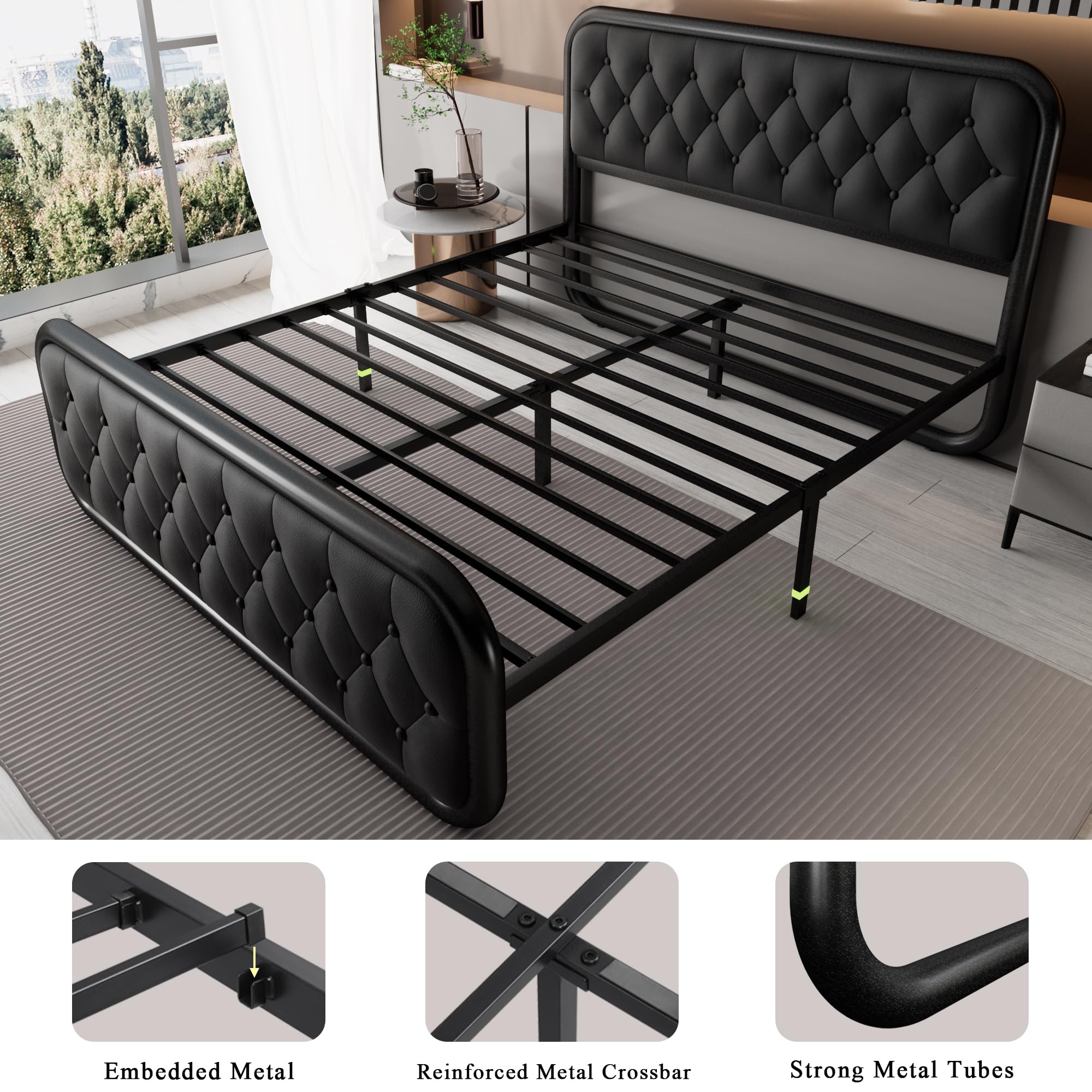 SUMELL Full Size Bed Frame - Heavy Duty Bed Frame, Stylish Faux Leather Headboard, Noise-Free and Easy Assembly for The Perfect Night's Sleep (Black)