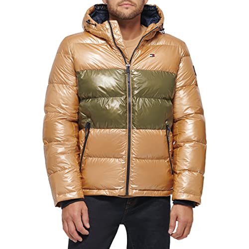 Tommy Hilfiger Men's Hooded Puffer Jacket, Pearlized Khaki/Olive, Small