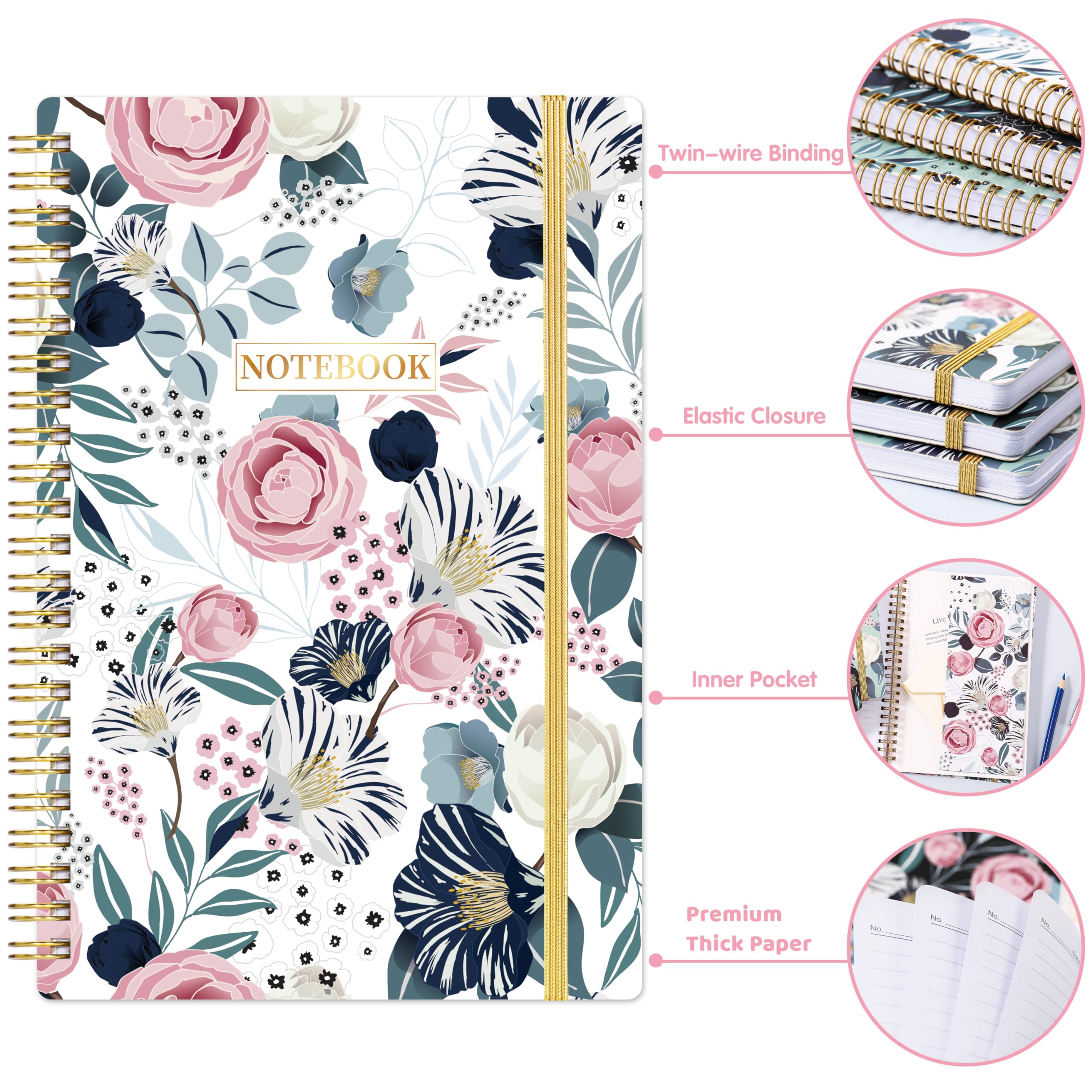 Spiral Notebook - 3 Pack A5 Lined Notebook, Spiral Journal for Women, 5.7" x 8.4", 160 Pages, College Ruled Writing Notebook with Back Pocket, 100gsm Paper, Elastic Closure for Office & School