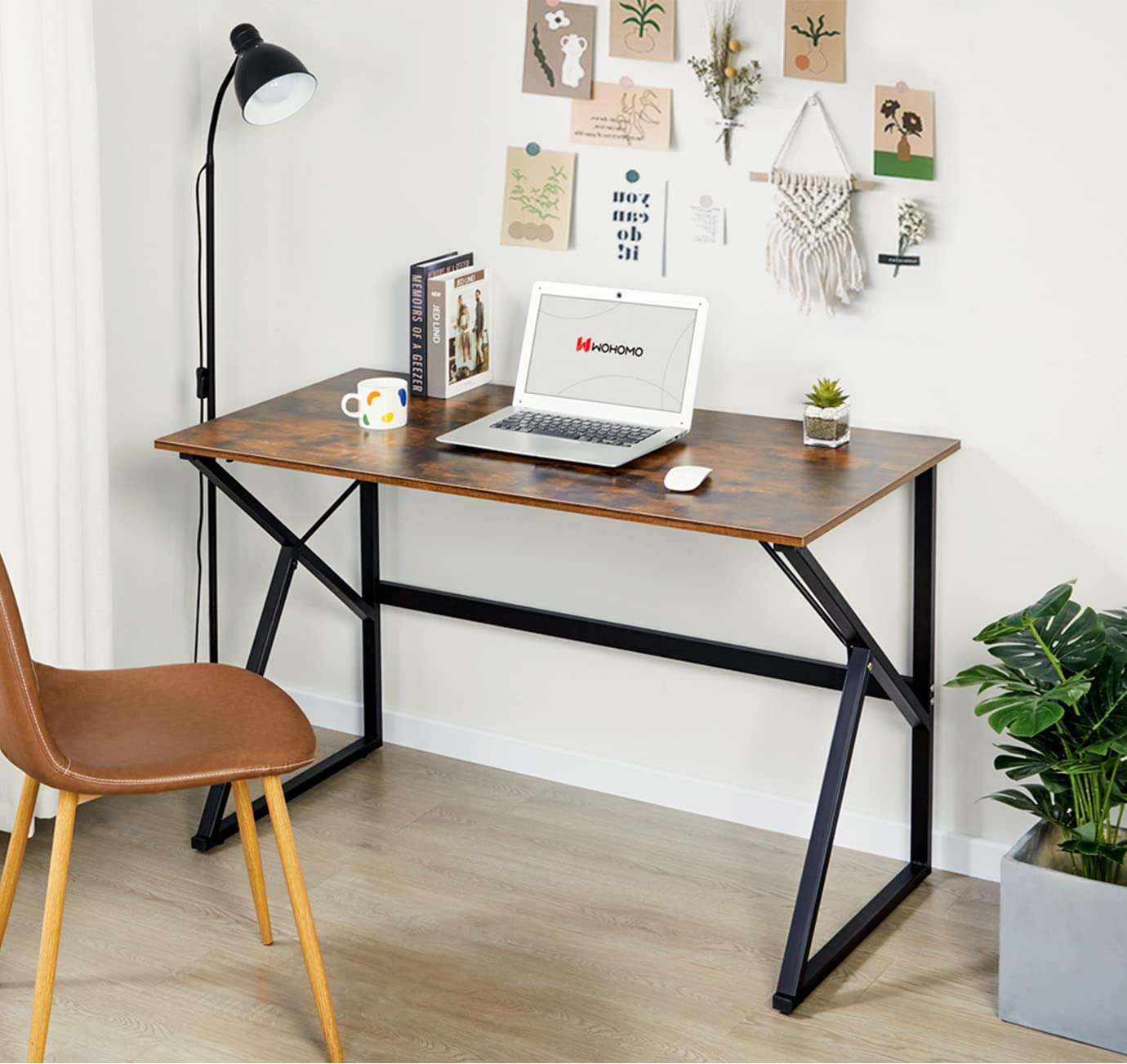 WOHOMO Computer Writing Desk 47 inch for Small Space,K-Shaped Sturdy Home Office School Kid Table,Wood Metal Workstation Simple Modern PC Stand Desk,Rustic Brown Vintage