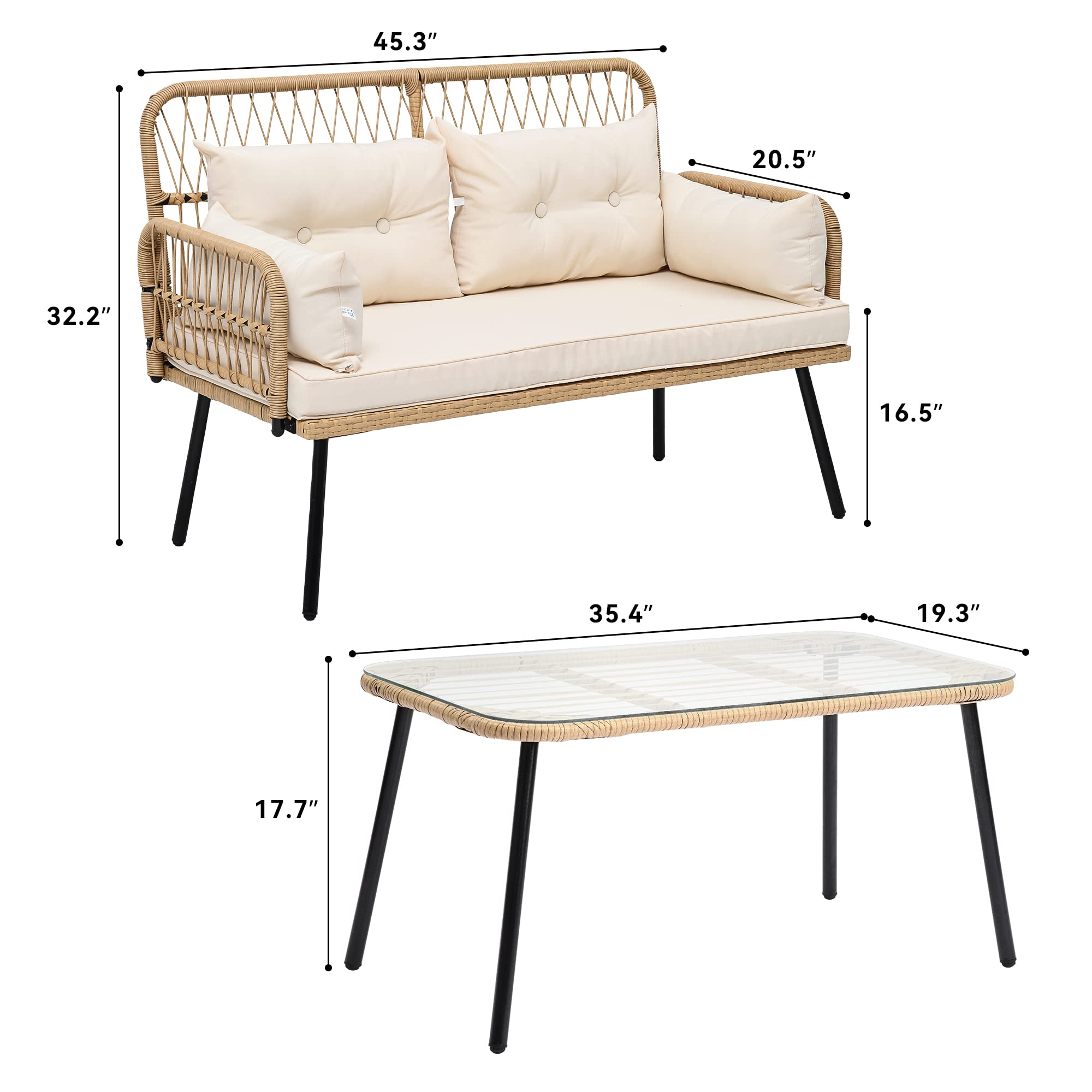 YITAHOME 2-Piece Patio Furniture Wicker Outdoor Loveseat, All-Weather Rattan Conversation for Backyard, Balcony and Deck with Soft Cushions and SideTable (Light Brown+Beige)