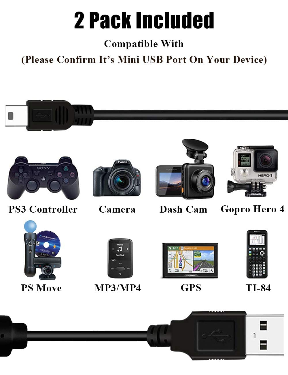 TPFOON 2Pcs Pack PS3 Controller Charger Charging Cable Sync Cord, 3M 10ft Mini USB Charge and Play Cable for PS Move/PS3/PS3 Slim Wireless Controller