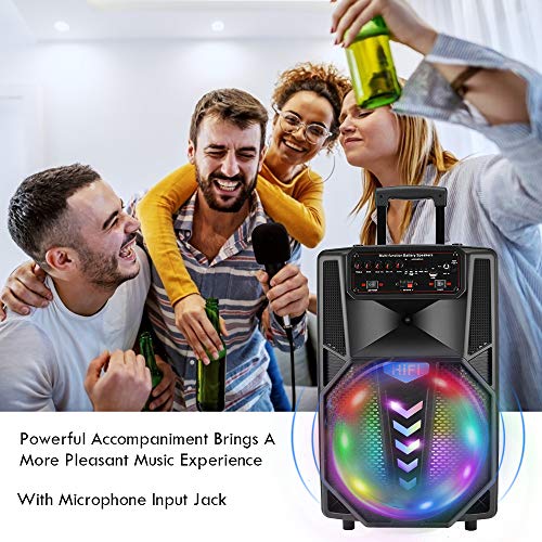 Wireless Karaoke Speaker System with 12'' Subwoofer, Kacsoo Outdoor Portable Bluetooth PA Speaker System with 2 Karaoke Microphones, DJ Lights, FM Radio, MP3/BT/TF Card, AUX Interface, Remote, Black