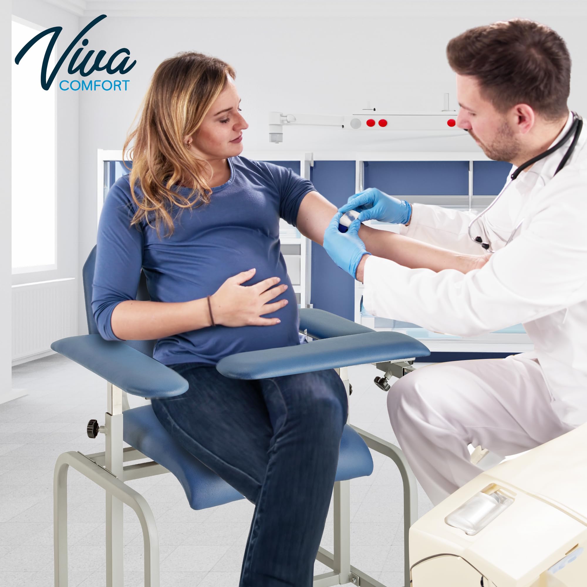 VivaComfort Blue Phlebotomy Chair with Adjustable Armrest, Blood Draw Chair, Large Weight Capacity Comfortable Lab Medical Chair