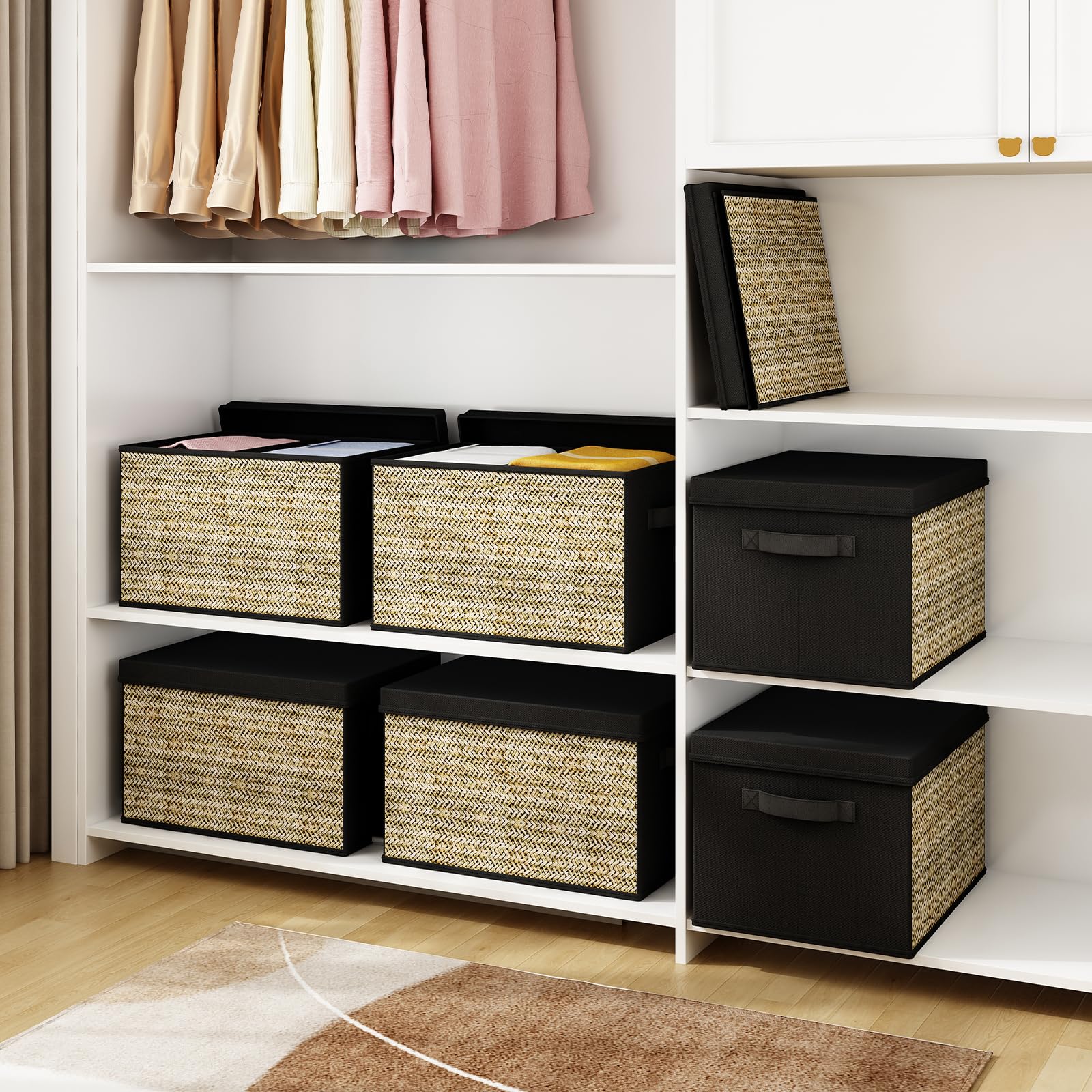 Wisdom Star 4 Pack Large Storage Bins with Lid & Handles, Collapsible Fabric Storage Cube Bin with Removable Divider, Foldable Closet Organizer Clothing Shelf Basket, Black