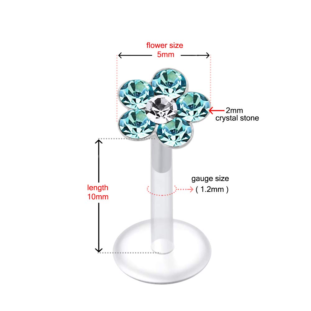 White Crystal Stone Flower Silver Push-Fit Top with 16Gauge(1.2MM) - 10MM Clear UV BioFex Labret Tragus Bars