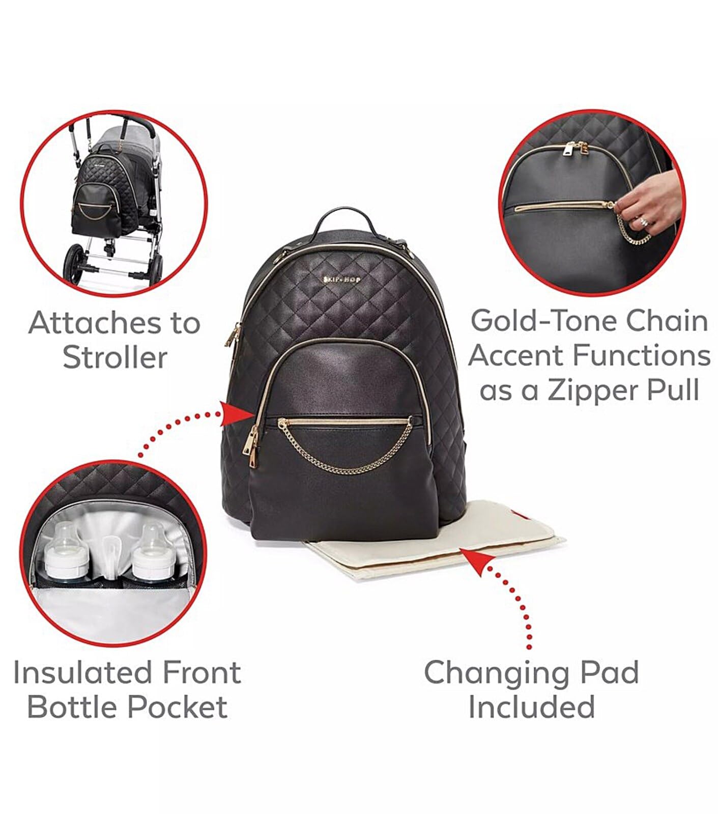 Skip Hop Diaper Bag: Linx Luxury Quilted Vegan Leather with Changing Pad & Stroller Attachment, Black