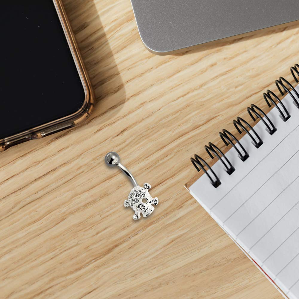White Crystal Stone Fancy Cross Skull 925 Sterling Silver with Stainless Steel Belly Button Navel Rings