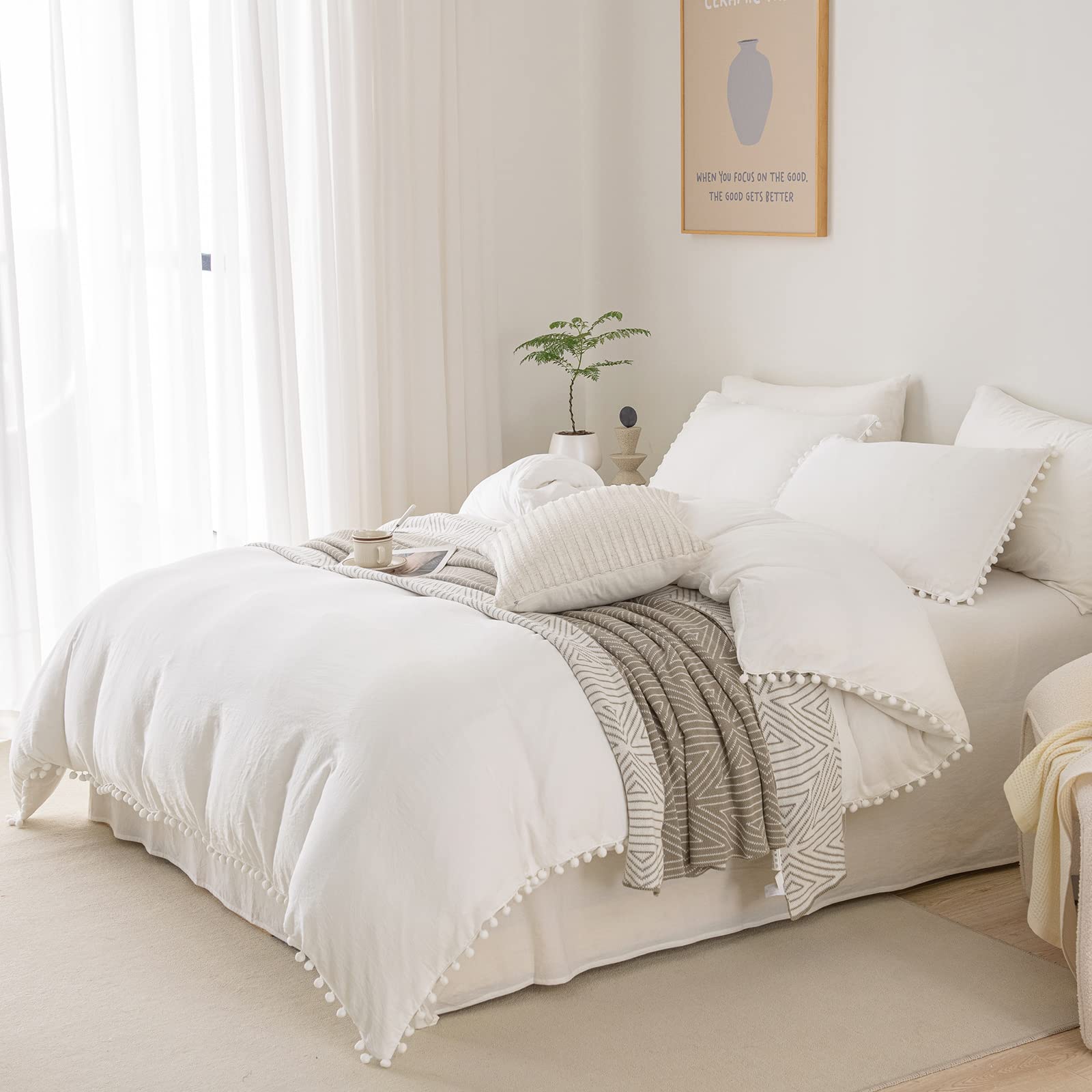 White Duvet Cover Set Boho Duvet Cover Set Queen Size Solid White Pom Pom Fringe Trim Design 3 Pcs White Comforter Cover Set (Queen, White)