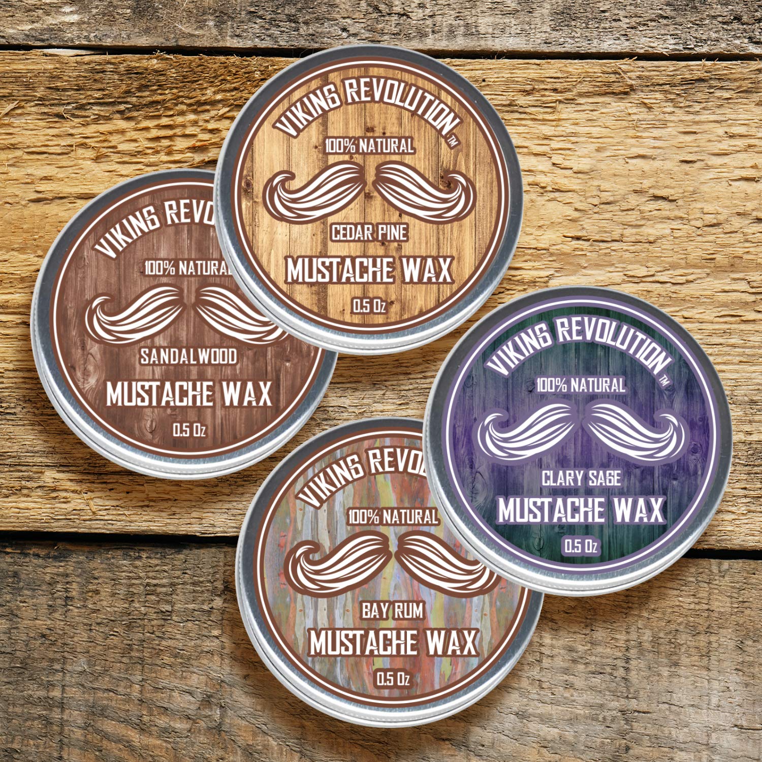 Viking Revolution Mustache Wax 4 Variety Pack - Beard & Moustache Wax for Men - Strong Hold Helps Train Tame & Style- Sandalwood, Clary Sage, Cedar Pine, Bay Rum Styles