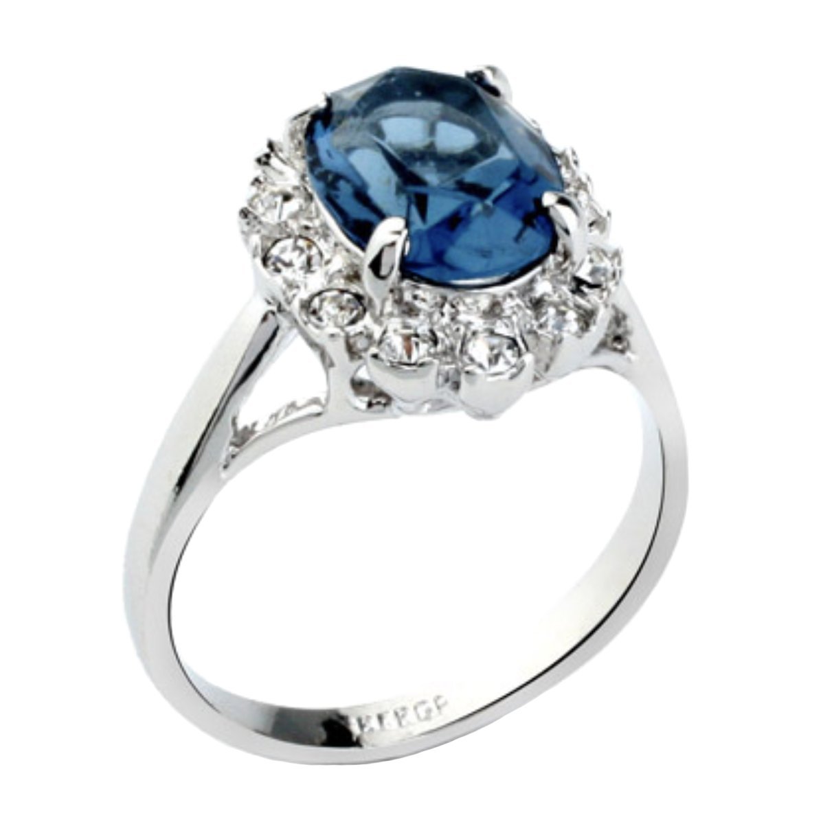 White Gold Plated Oval Shaped Ring with Sapphire Blue Swarovski element Crystal and Clear Round Shaped Cubic Zirconia Fashion Jewelry for Women (6.5)