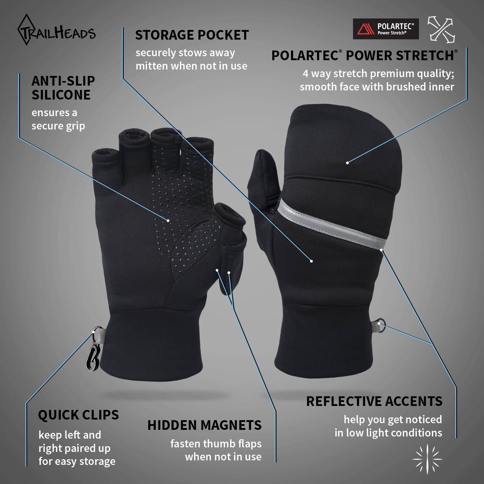 TrailHeads Womens Power Stretch Convertible Mittens,small/medium, Black