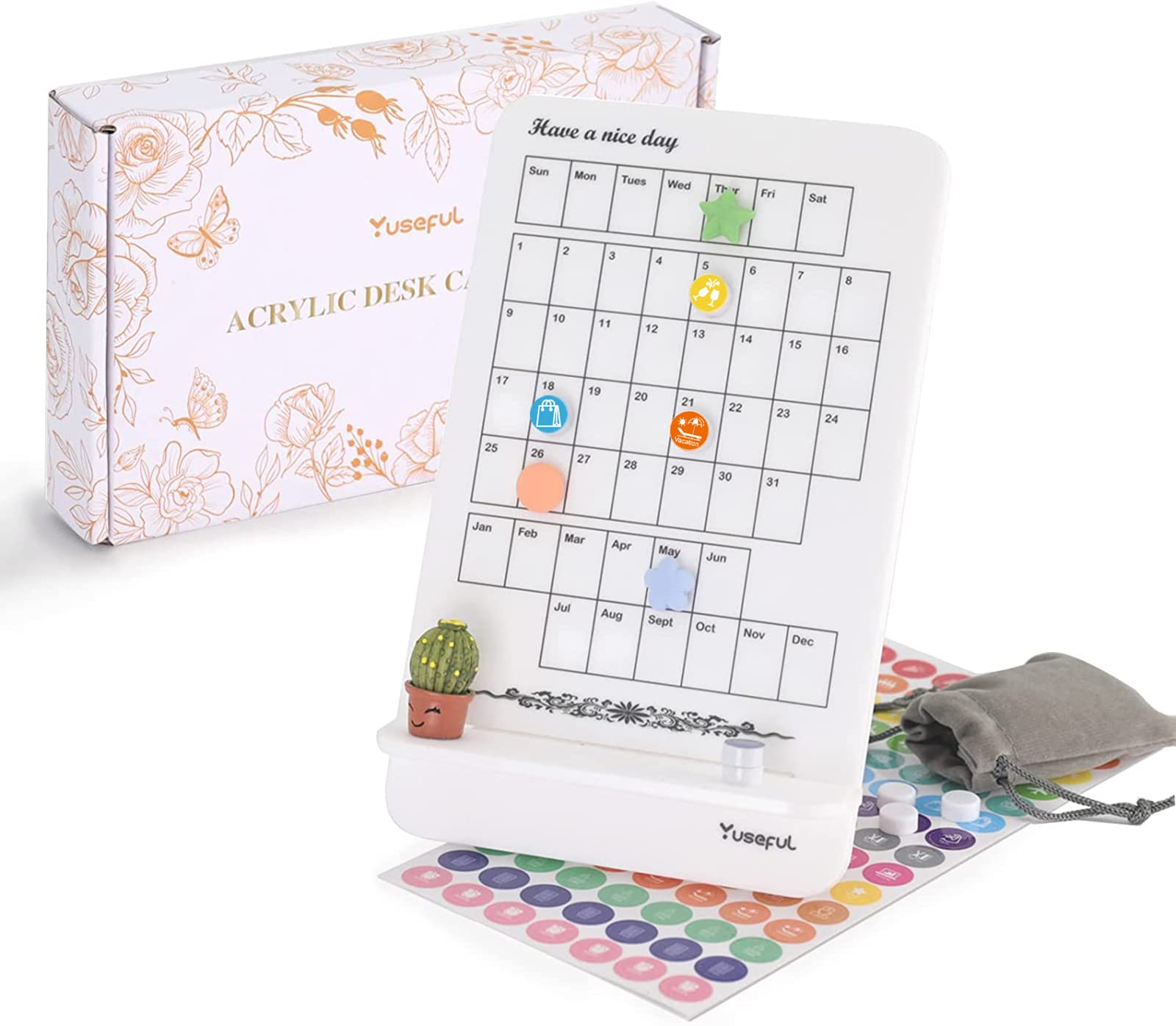 Yuseful Acrylic Desk Calendar - Perpetual Calendar with DIY Planner Magnets - Unique Gifts for Women, Desk Decorations for Women Office, Desk Accessories Aesthetic, Cute Desk Decor(White)