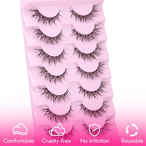 Wispy Lashes Natural Look False Eyelashes Clear Band Fluffy Faux Mink Cat Eye Lashes Pack 15mm 3D Light Fake Lashs that look like Extensions Soft Curly Lash Strips 7 Pairs