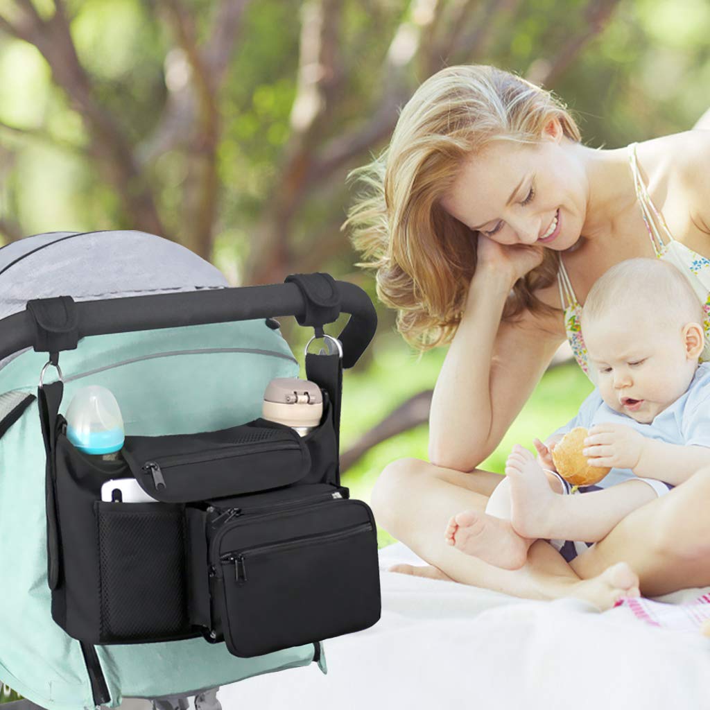 VIMUKUN Stroller Organizer Non-Slip Stroller Cup Holder Baby Travel Accessories - Stroller Accessory for Smart Parents with Shoulder Strap, Compatible with Uppababy, BOB, Baby Jogger (Black)