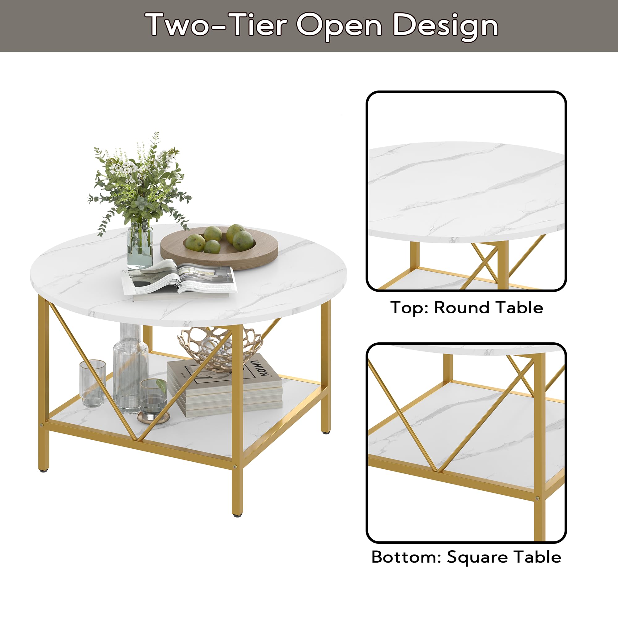 Yusong Round Coffee Table for Living Room, Farmhouse Circle Coffee Table with Storage Shelf, 2-Tier Modern Center Table with White Faux Wooden Tabletop, Gold Metal Frame
