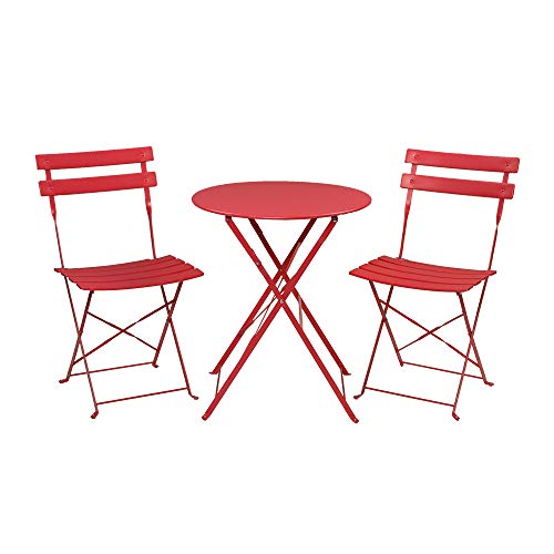 VINGLI Steel Patio Bistro Set, 3 Piece Folding Outdoor Patio Furniture Sets, Folding Patio Round Table and Chairs(Red)