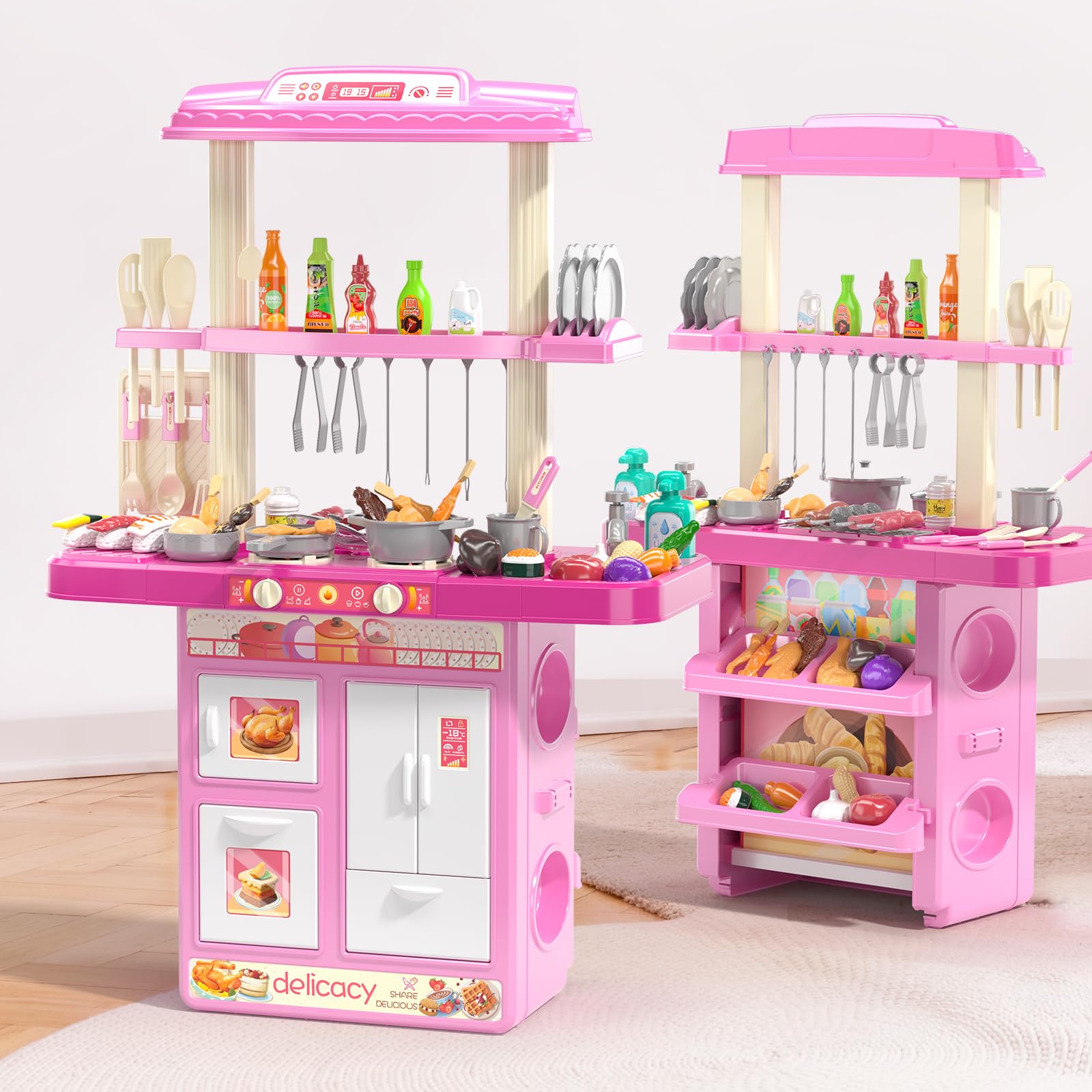 TEMI 2-in-1 Kitchen & Grill Playset for Kids - With 60-Piece Accessories, Sounds & Lights | Pretend Play Kitchen Set for 3+ Year Old Girls & Boys
