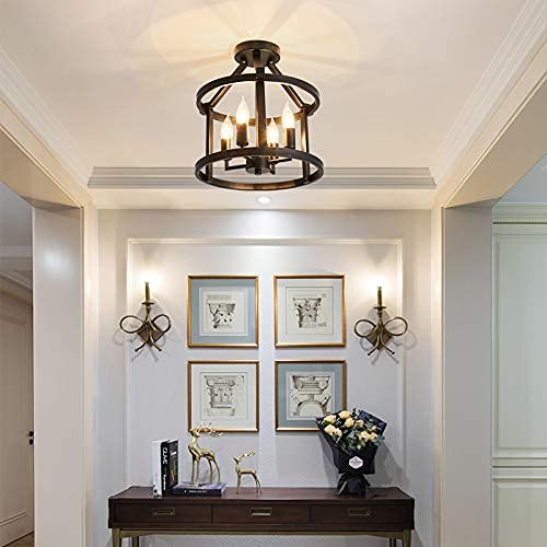 UOFUS Metal Semi Flush Mount Ceiling Light Fixture 4 Candle Holder Matte Chandelier Farmhouse Ceiling Lamp for Dining Room Bedroom Kitchen Hallway Entryway(Black)