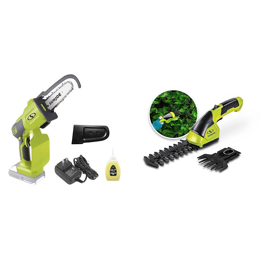 Sun Joe 24V Cordless Mini Chainsaw Bundle with Premium Oil and Cordless Grass Shear + Shrubber Handheld Trimmer