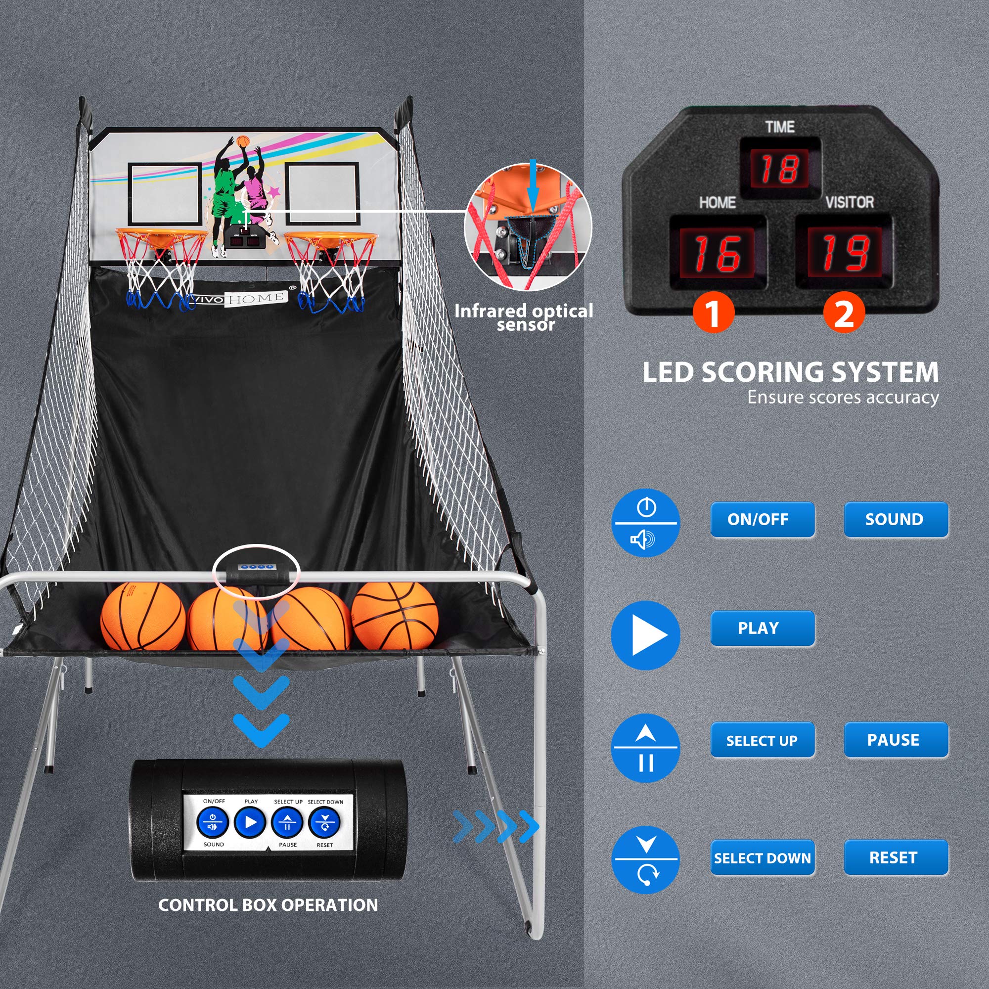 VIVOHOME Foldable Dual Shot Basketball Arcade Game Electronic for 2 Players with 8 Game Modes, 4 Balls and LED Scoring System Arcade Sounds Adults Indoor Outdoor