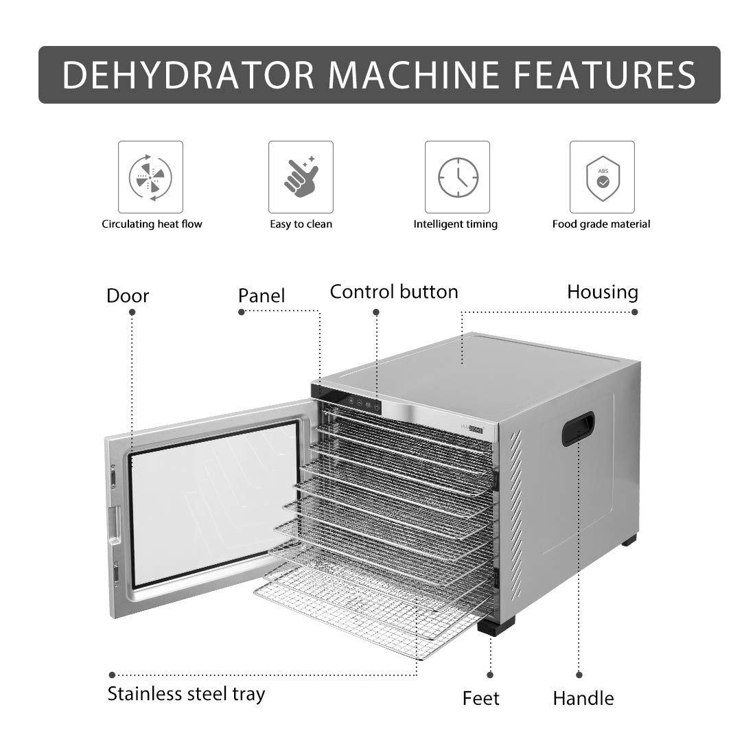 VIVOHOME Stainless Steel Electric 1000W 10 Trays Commercial Food Dehydrator Machine with Digital Timer and Temperature Control for Fruit Vegetable Meat Beef Jerky Maker