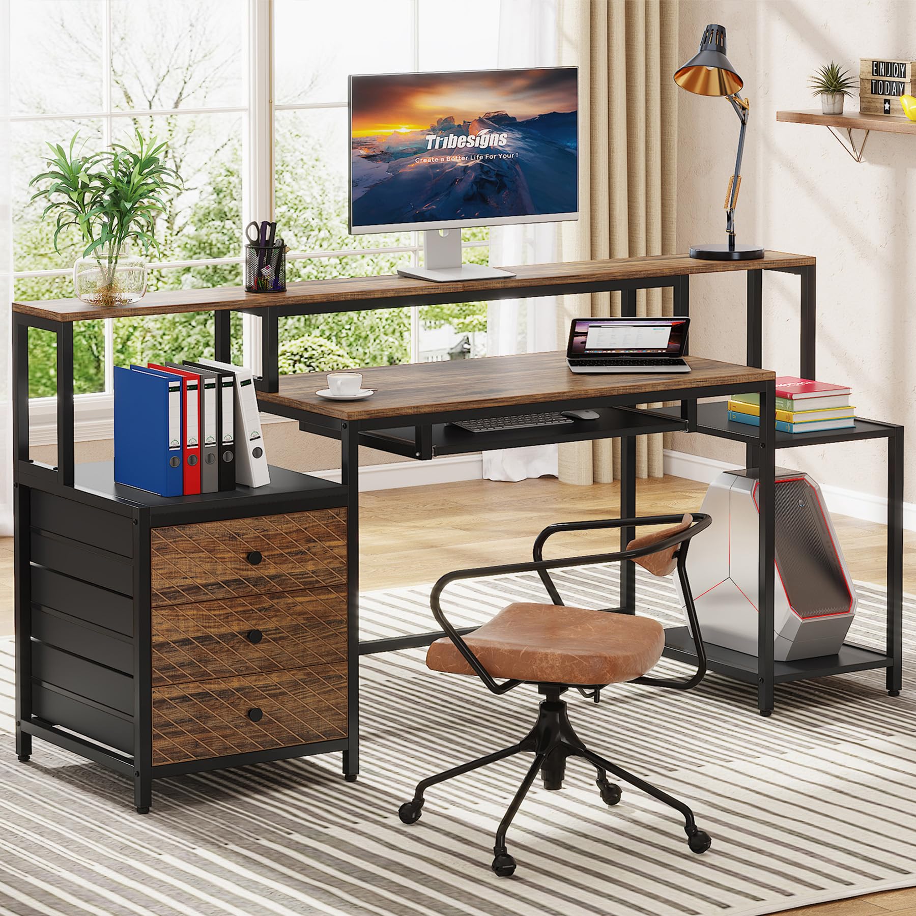 Tribesigns Computer Desk with 3 Drawers, 63 inch Home Office Desk with Monitor Shelf, Industrial Reversible Long PC Gaming Desk with Keyboard Tray, Study Writing Table Workstation, Gray