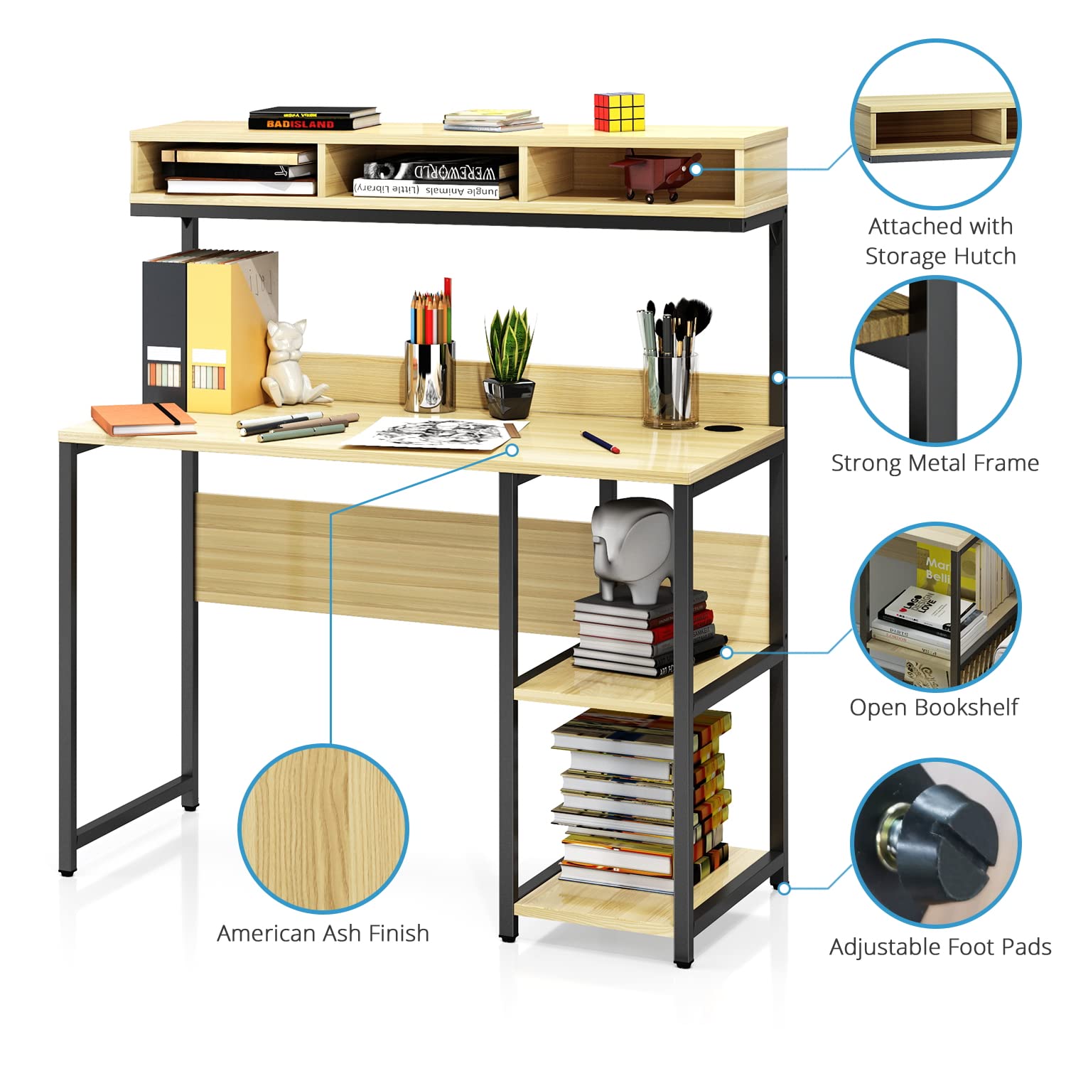VIPEK Computer Desk 42 Inch Study Writing Desk PC Laptop Table for Home Office, School Student Desk with Hutch & Storage Shelves, Corner Table for Small Space Bedroom, Easy Assemble, Oak