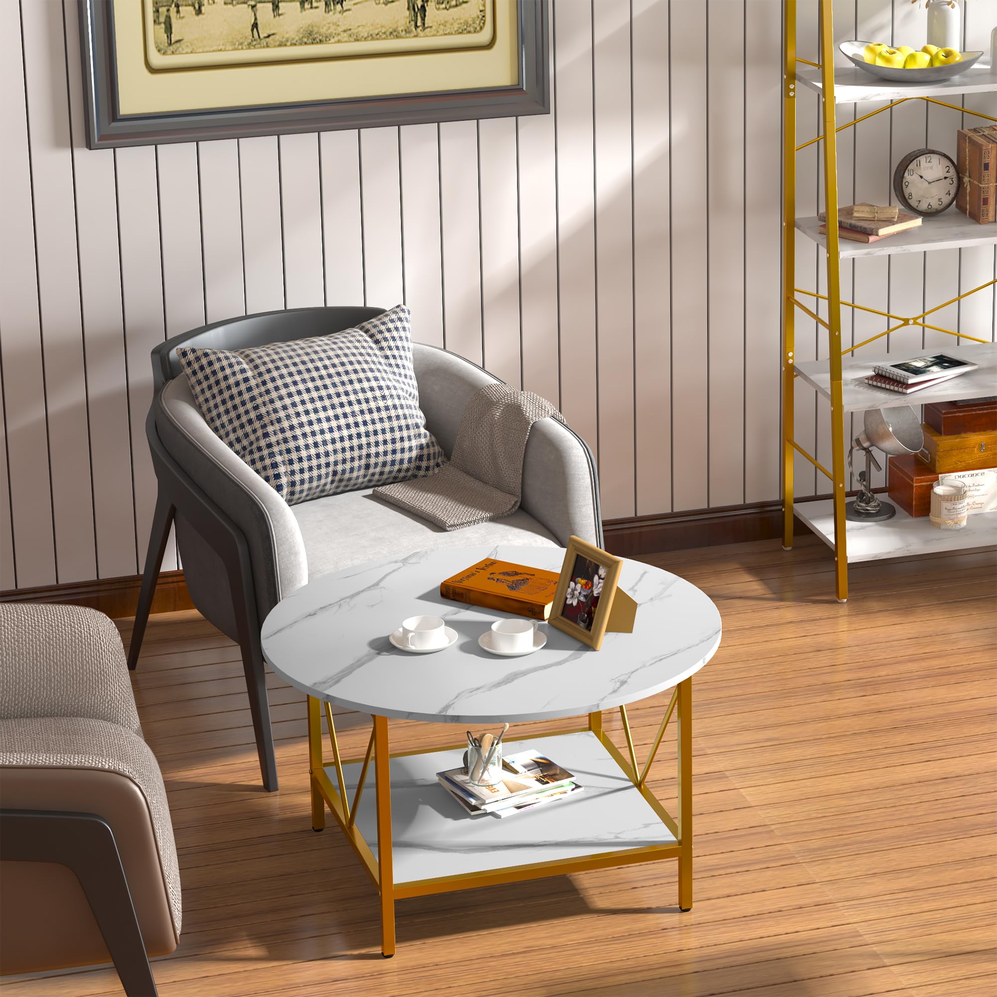Yusong Round Coffee Table for Living Room, Farmhouse Circle Coffee Table with Storage Shelf, 2-Tier Modern Center Table with White Faux Wooden Tabletop, Gold Metal Frame
