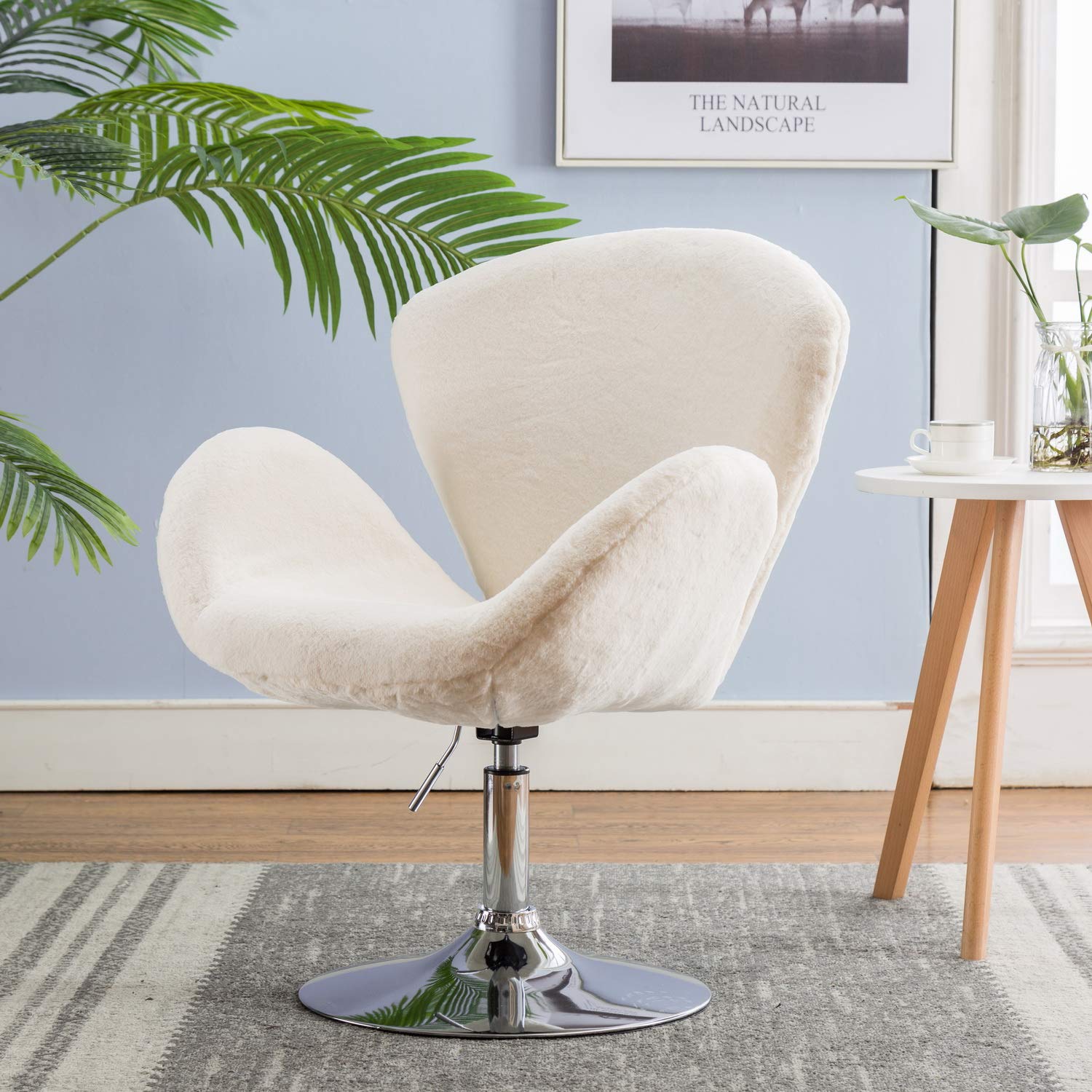 Wahson Vanity Chairs with Backs for Bedroom Cute Home Office Chair Faux Fur Chairs for Teens Girls Dorm Chairs Comfy Adjustable Stool,White (Faux Rabbit Fur)