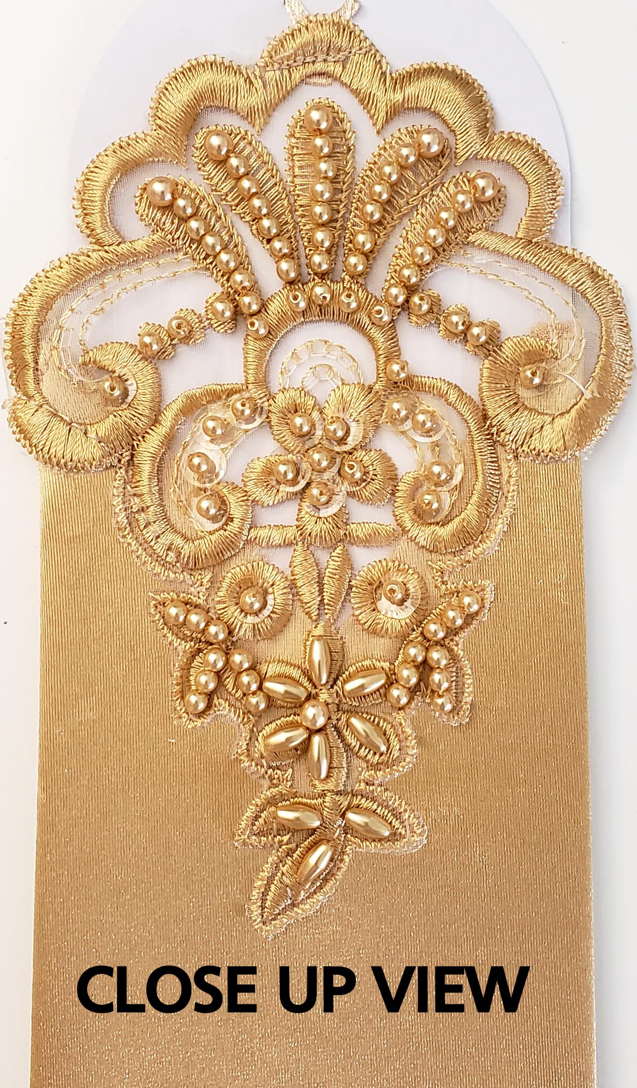 ZaZa Bridal Gathered Satin Fingerless Gloves w/Floral Embroidery Lace & Sequins-Gold