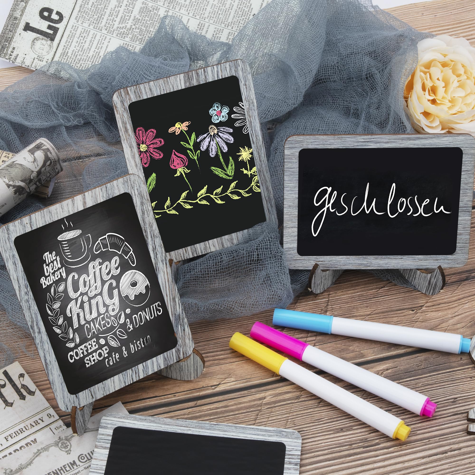 Temlum 15 Pcs Mini Chalkboard Sign with 6 Color Chalk Markers, 2.9″ x 3.9″ Wooden Blackboard Reusable Small Chalkboards for Food, Buffet, Parties, Message Boards, Table Numbers (Rustic White)