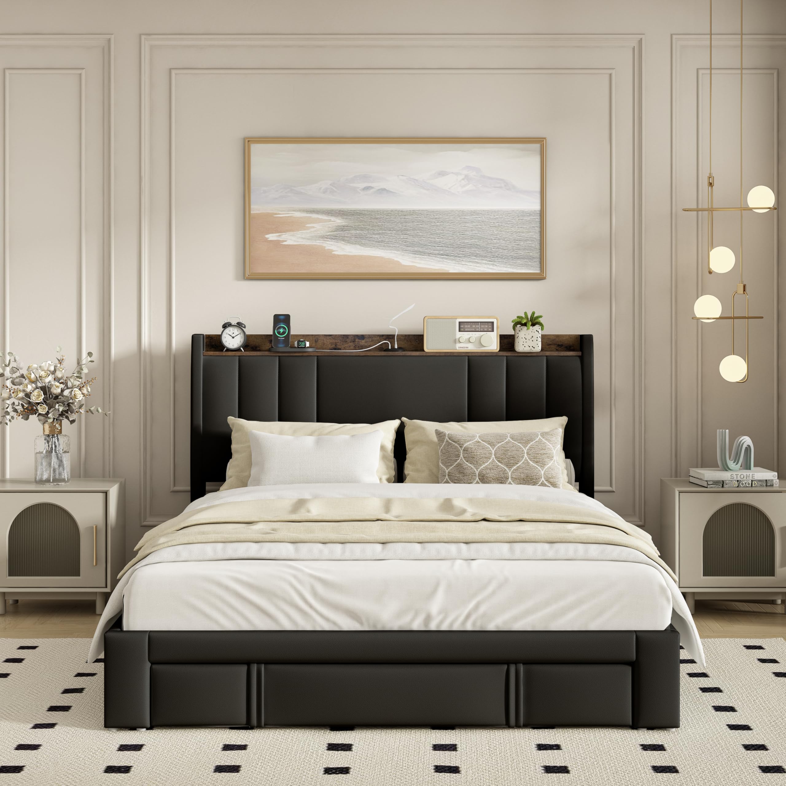 WII UWILL Bed Frame with USB Ports, Upholstered Platform Bed with Drawers, Noise-Free, No Box Spring Needed, Easy Assembly (White,Queen, Type A)