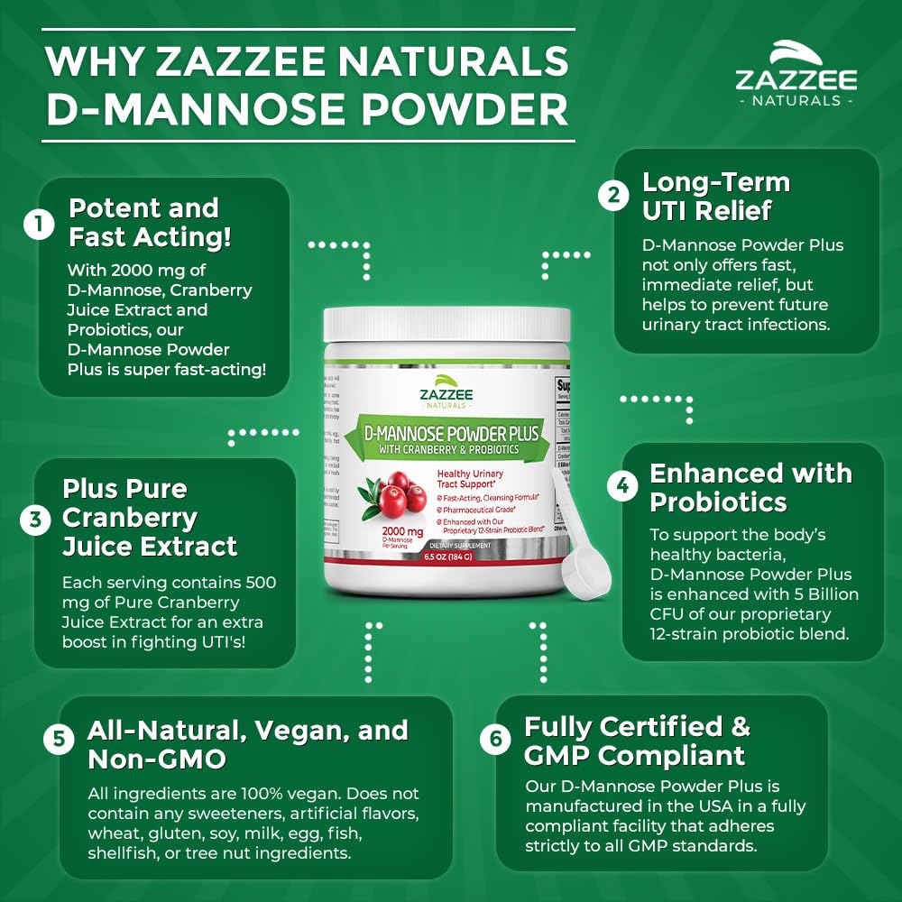 Zazzee D-Mannose Powder Plus, 2000 mg, 67 Servings, Potent & Fast-Acting, Plus 5 Billion CFU Probiotics and Pure Cranberry Juice Extract, Free Scoop, 6.5 Oz, Vegan, Gluten-Free, Non-GMO, All-Natural
