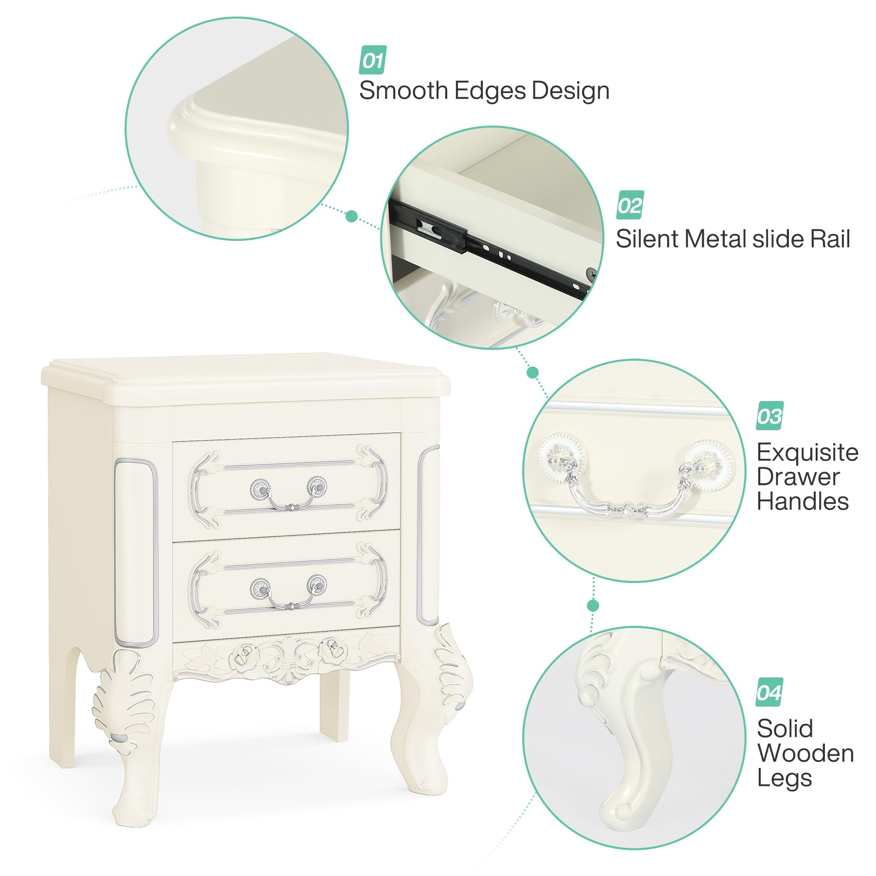 Tribesigns White Nightstand, End Table with 2 Drawers, Carved Bedside Tables, Side Table for Bedroom, Living Room, Classic Bedroom Furniture, Night Stand(1PC