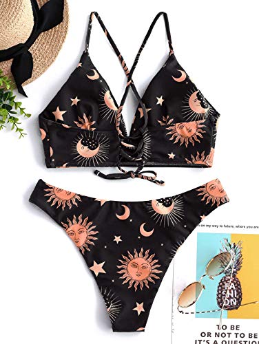 ZAFUL Star Sun Moon Print Bathing Suits for Women Back Criss Cross Lace-up Triangle Bikini (1-Black M)